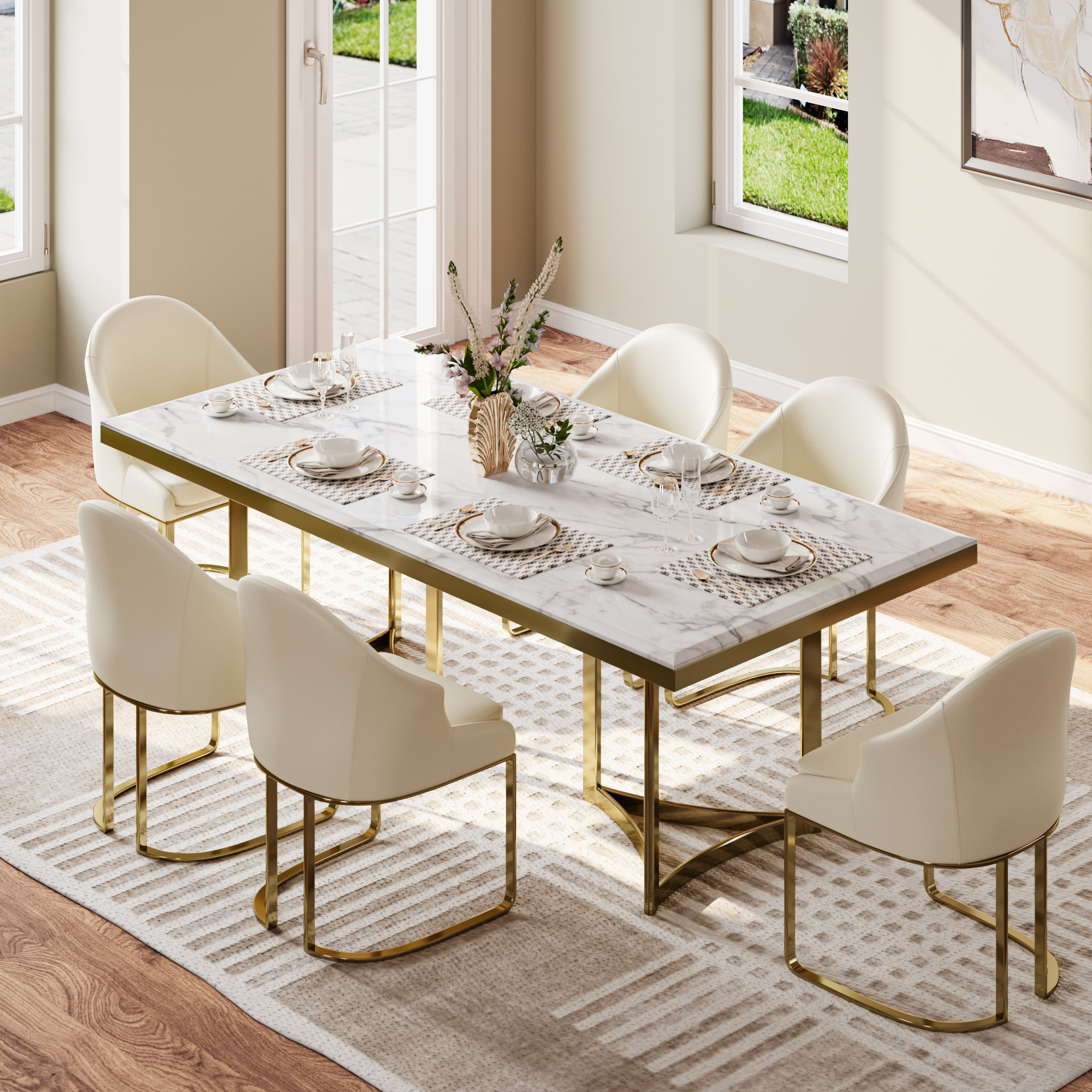 Everly Quinn Markhi Modern Faux Marble Dining Table with White ...