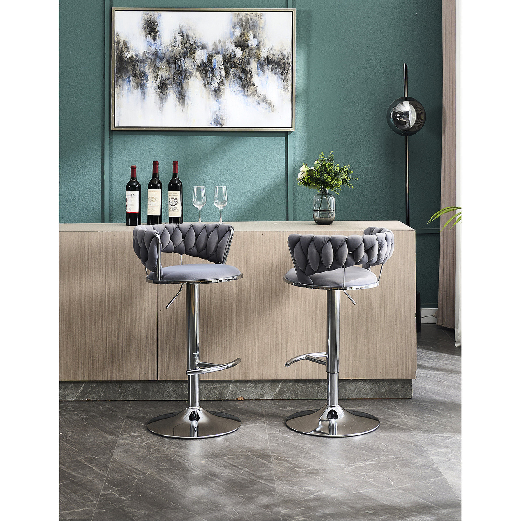 Ivy Bronx Of 2 Bar Stools, Base, Velvet Seat, Height Adjustable, Simple ...