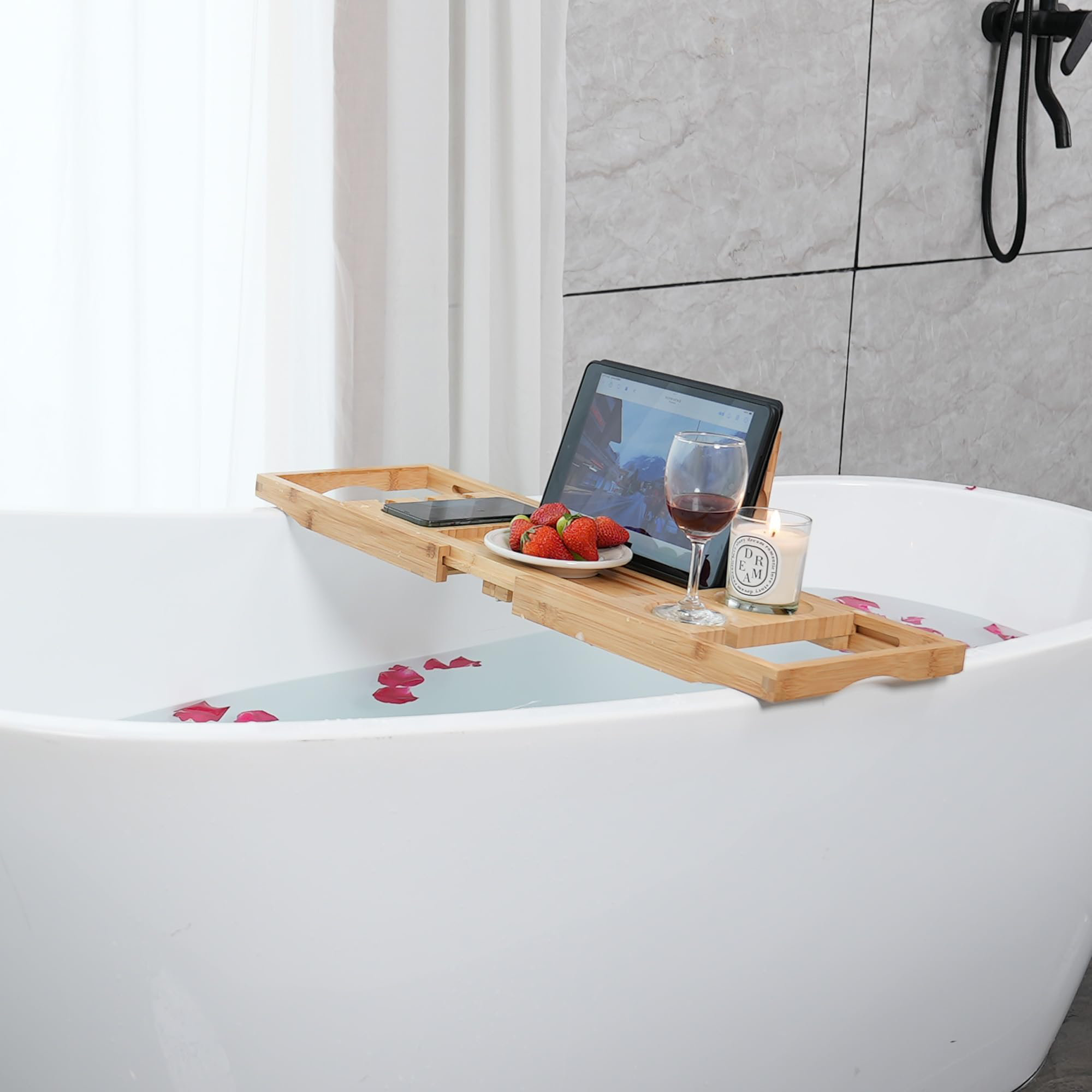 Latitude Run® 24.5 Inch Bamboo Bathtub Tray, Adjustable Bathtub Storage ...