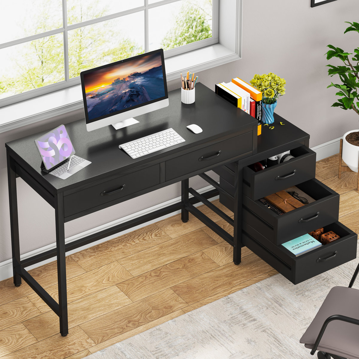 Ebern Designs 51''w Reversible Computer Desk With 5 Drawers & Reviews ...