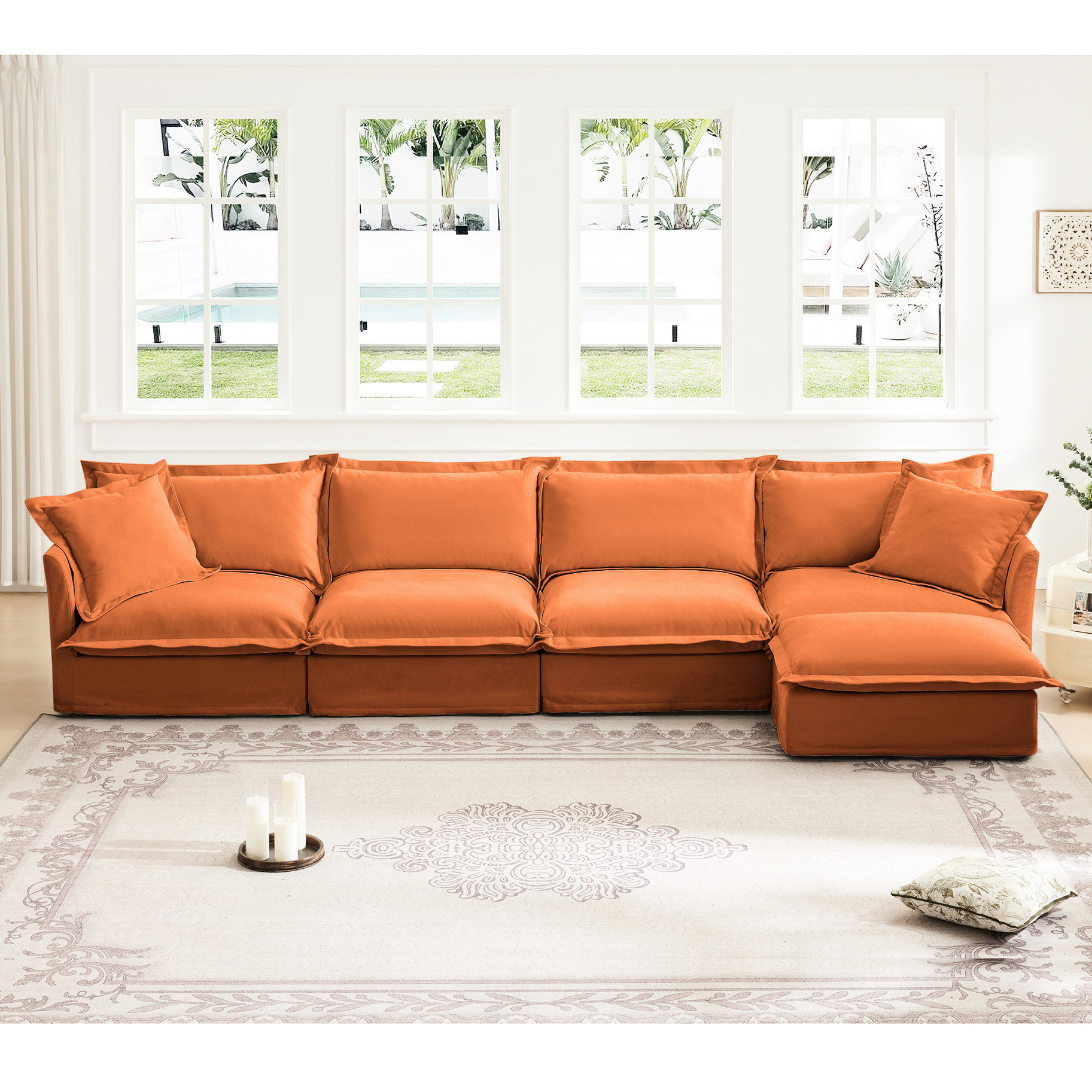 Latitude Run® Chenille 4 Seat Orange Couch, Luxurious Design With ...