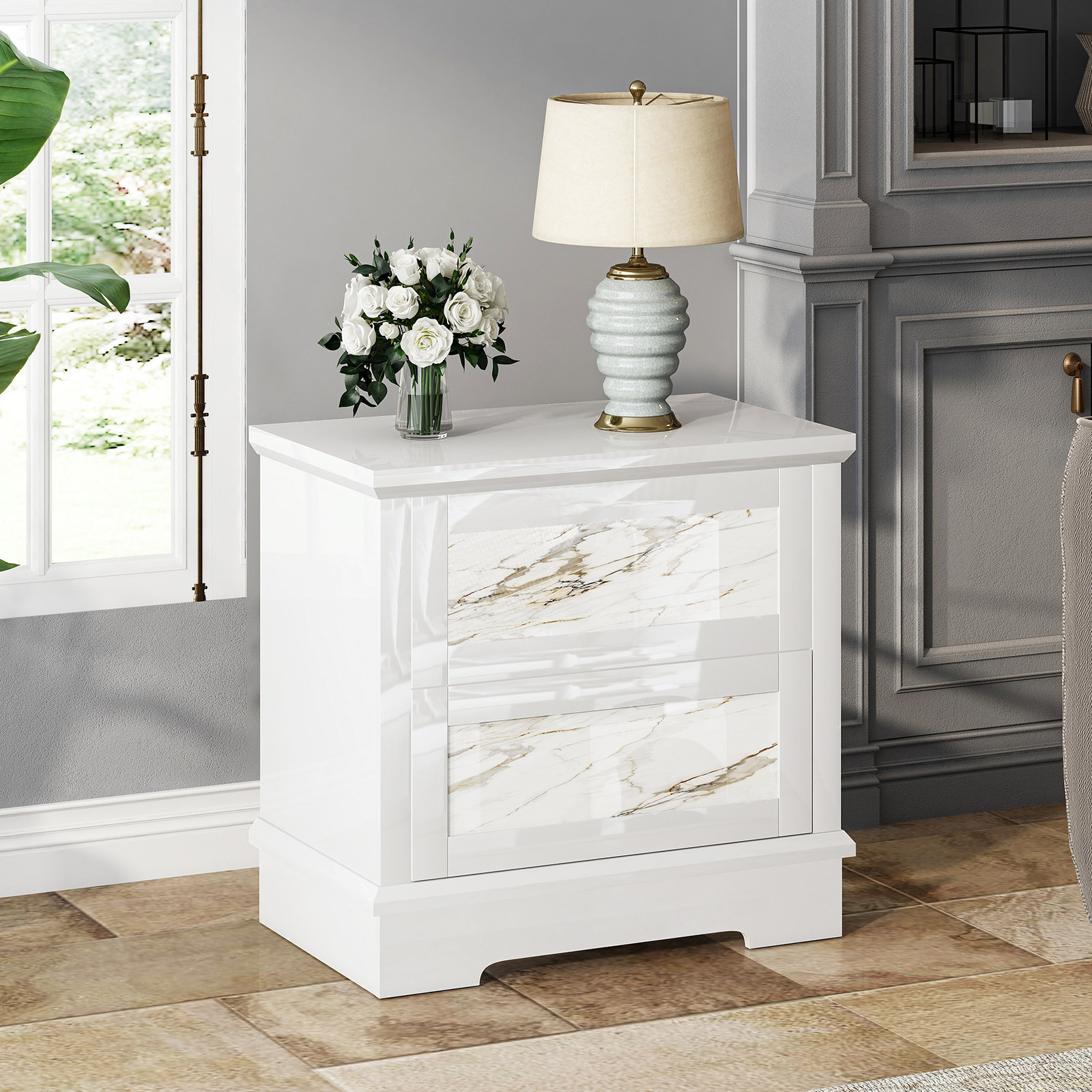 Winston Porter Bergur High Gloss Nightstand, Farmhouse End Table with ...