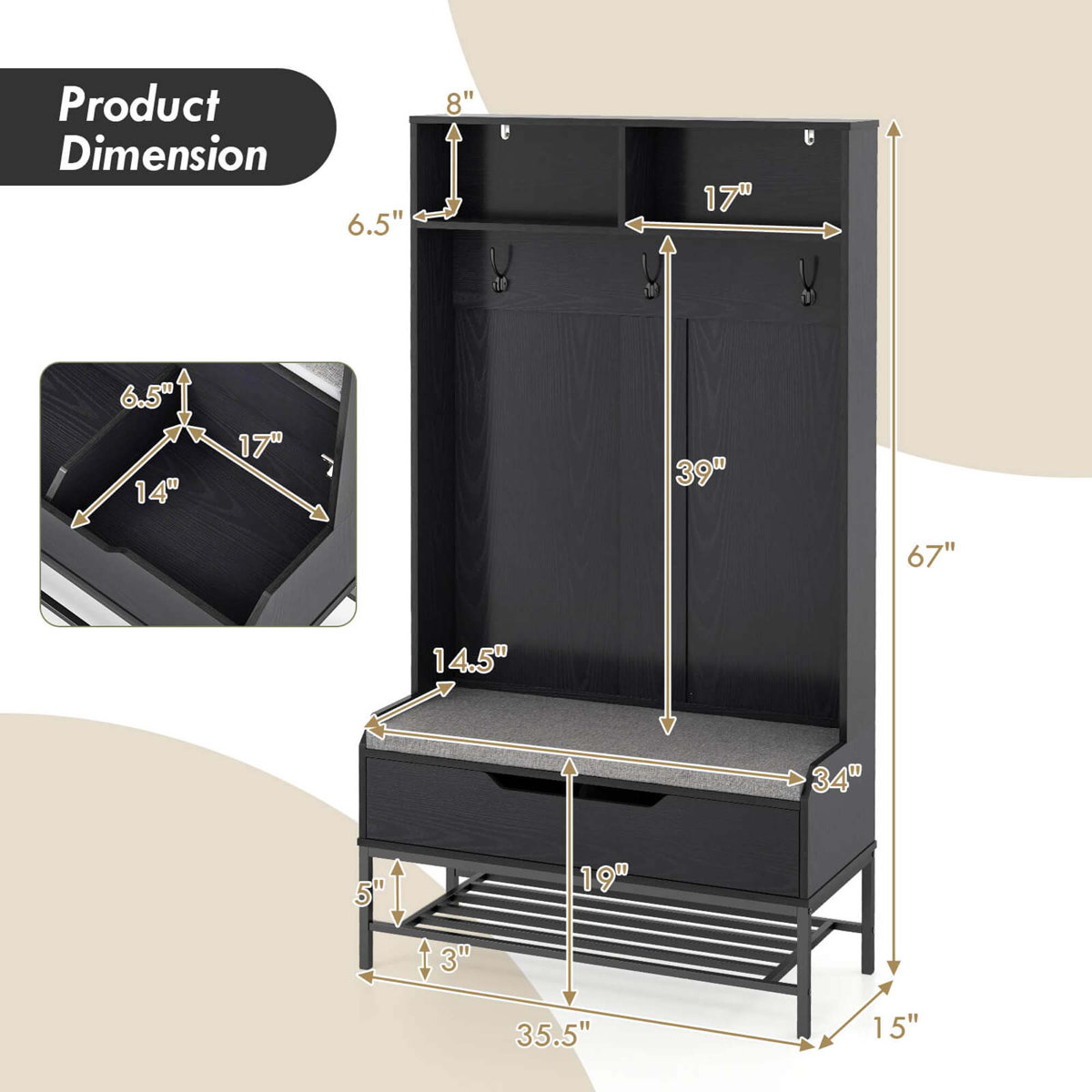 Ebern Designs Tall Hall Tree With Seat Cushion Open Compartments Hooks ...