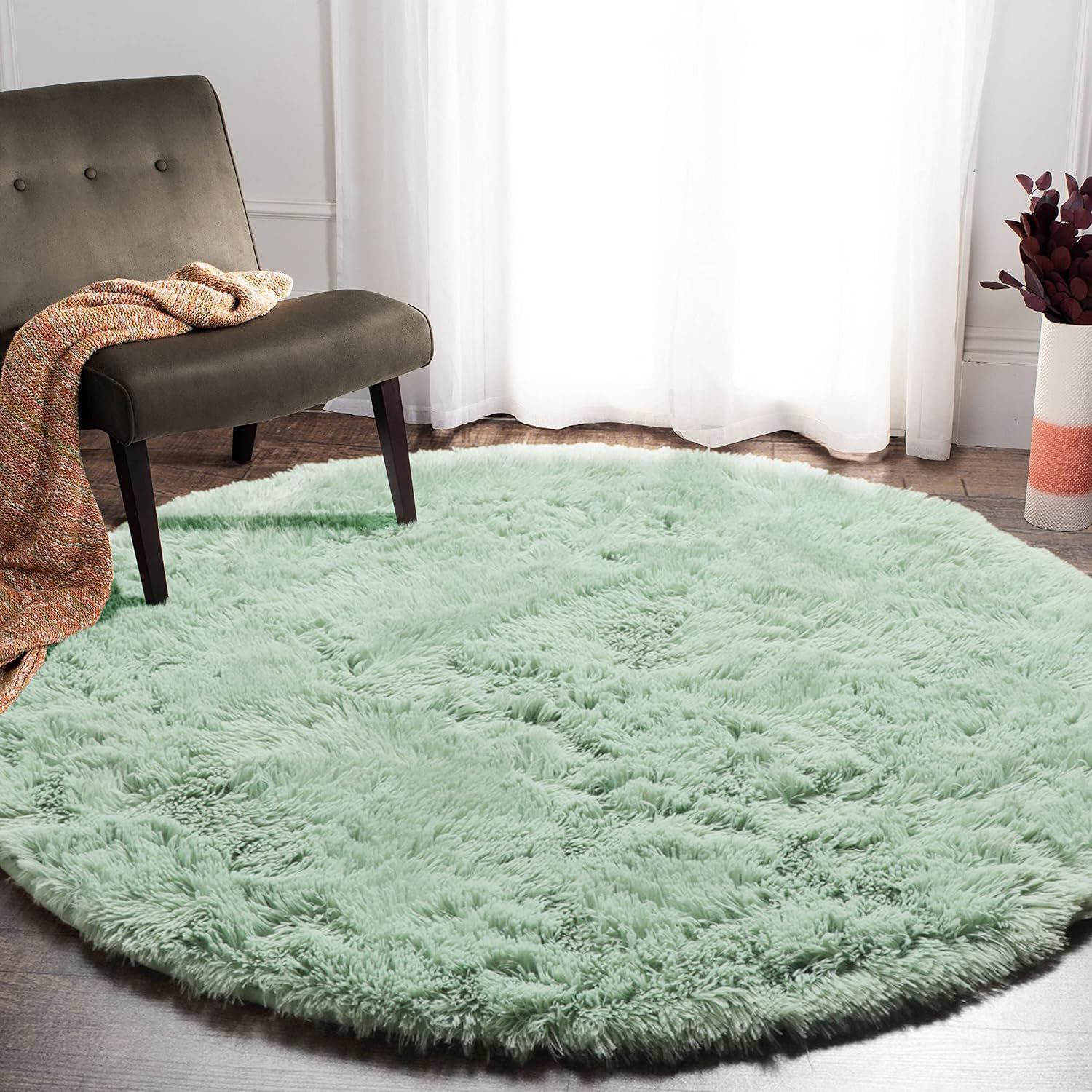Mercer41 Sage Green Round Area Rug 6Ft, Soft Bedroom Circle Rugs For ...