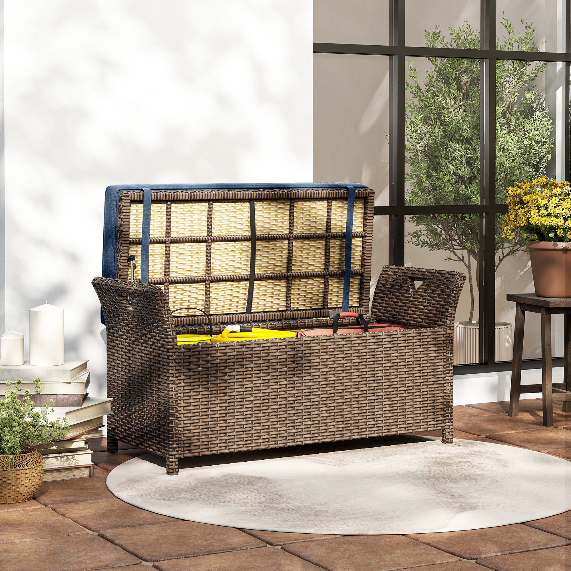 Outsunny 2-In-1 Patio Wicker Storage Bench 29 Gallon Storage Box Tan ...