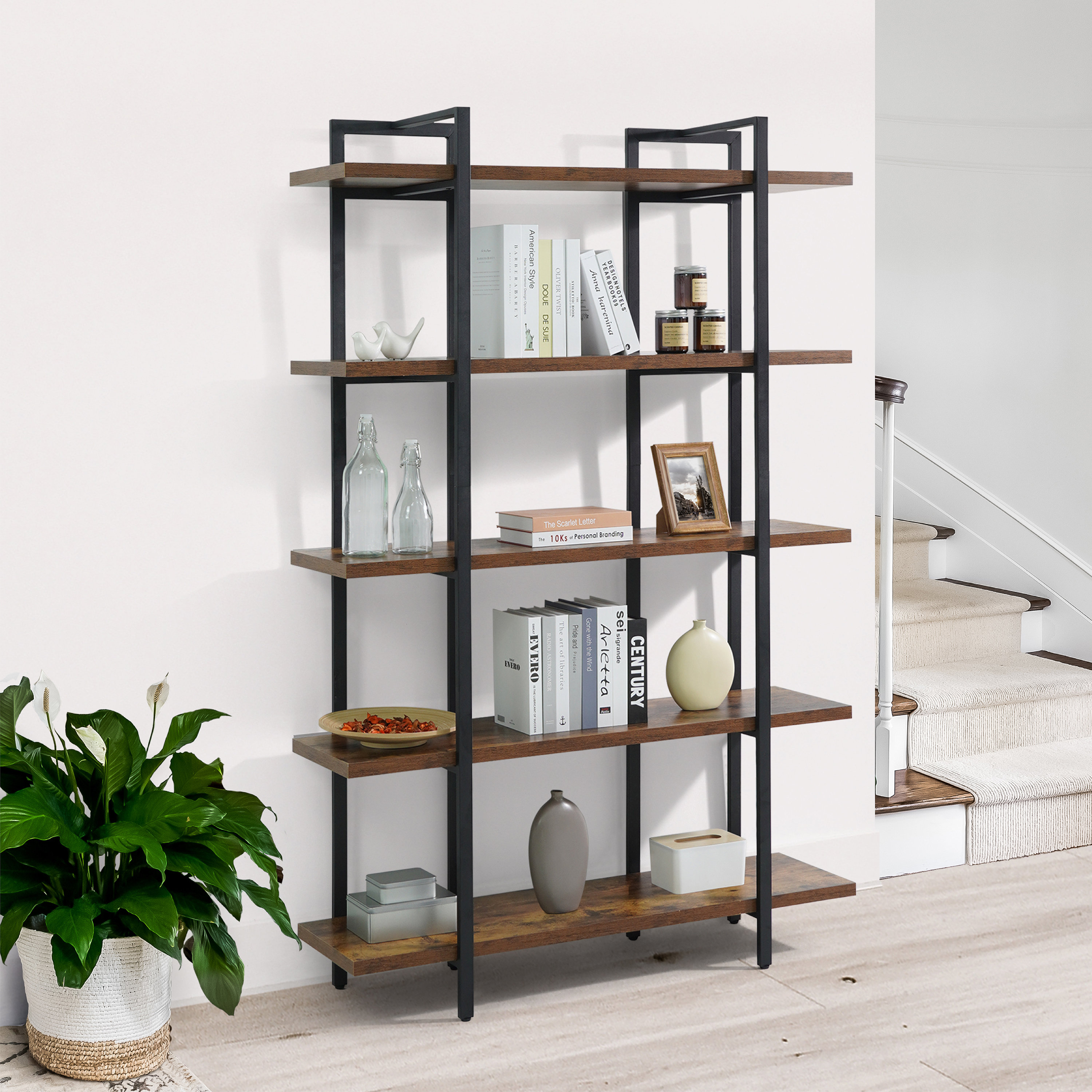 17 Stories CAPHAUS Wannette 5-Tier Book Shelf, 71” H Vintage Industrial ...