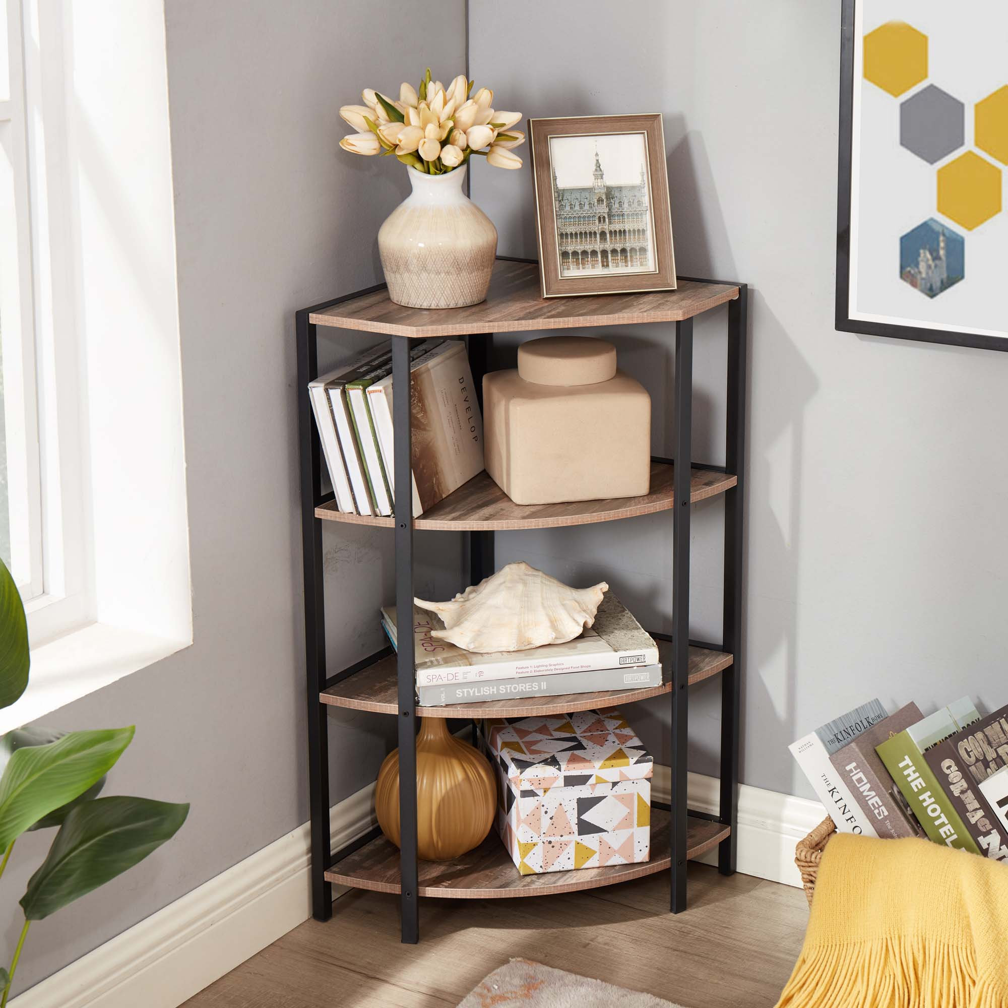 17 Stories 6-Tier Small Corner Open Shelf, Modern Bookcase Wood Rack ...