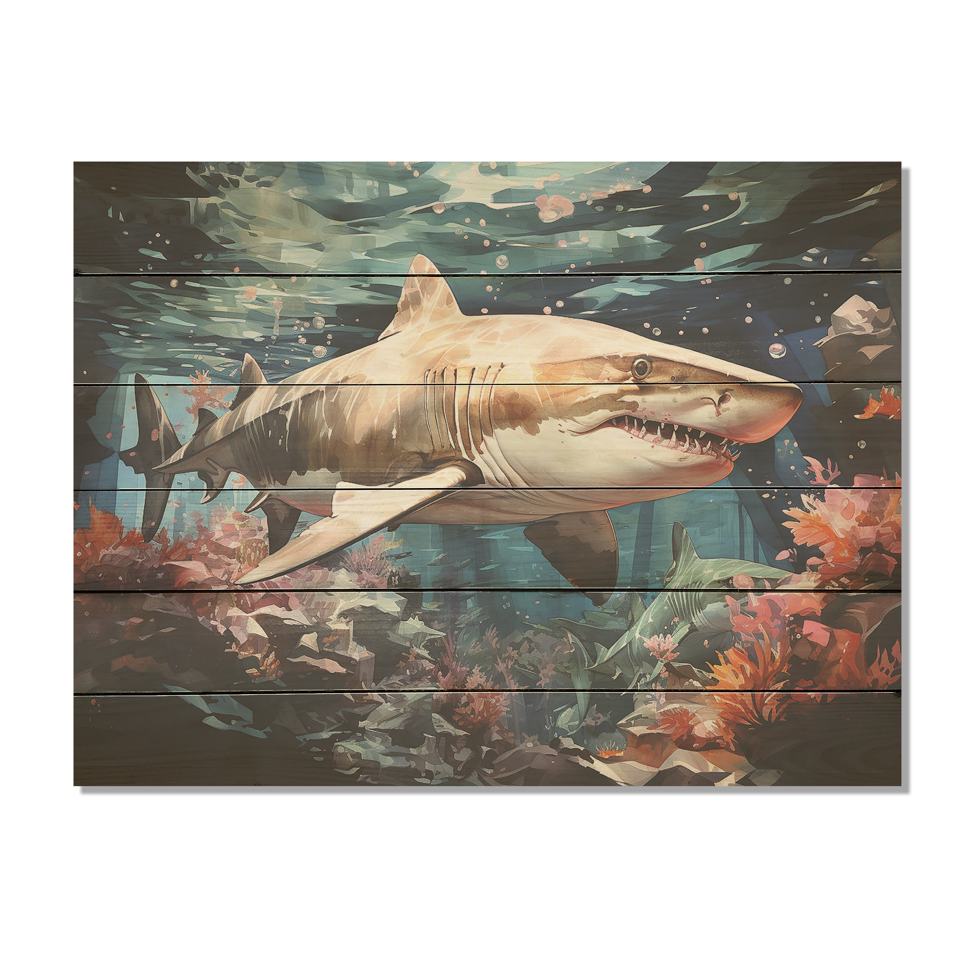 Beachcrest Home Silent Hunter Sharks Portrait I - Coastal Coral Under ...