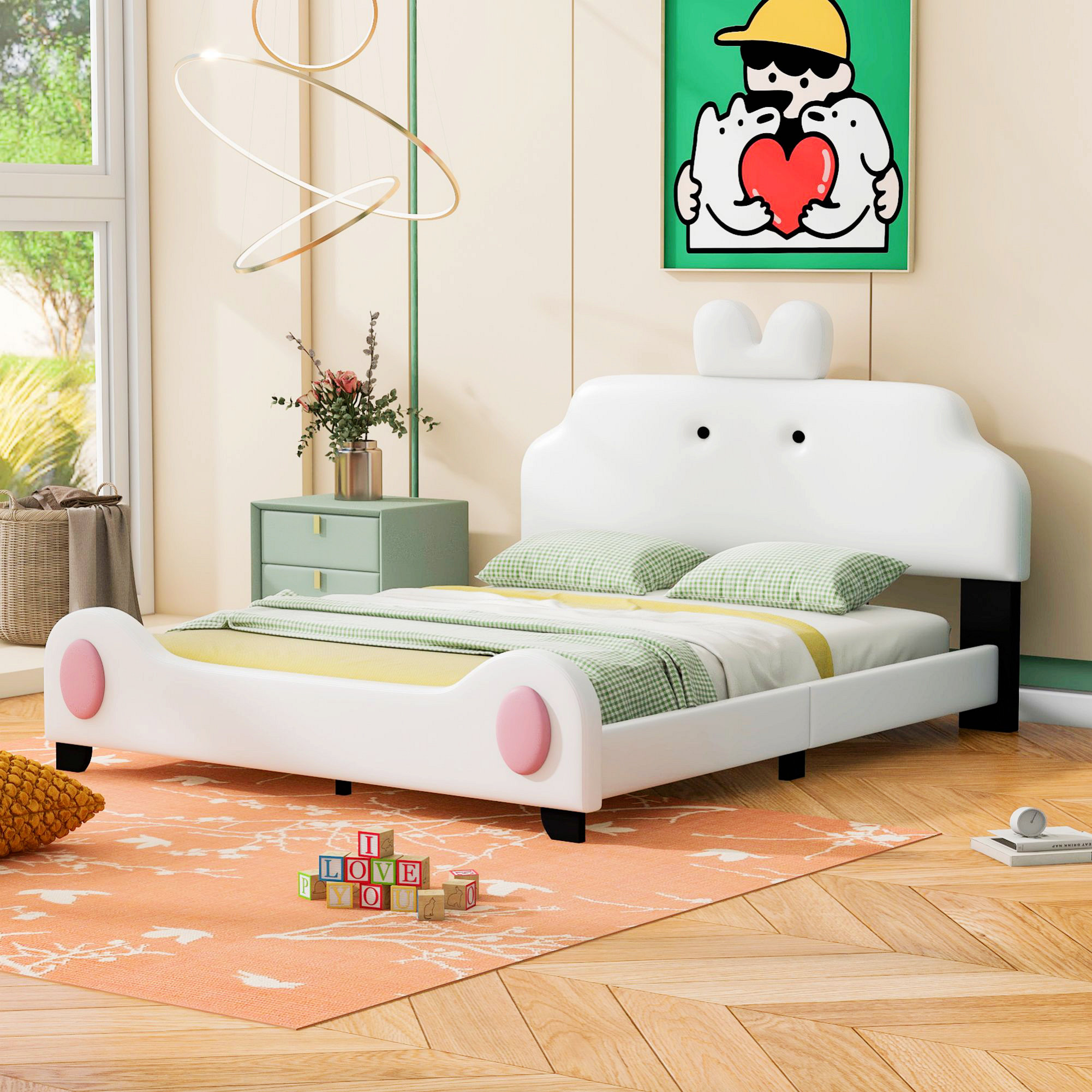 Zoomie Kids Bedroom Bed Upholstered Platform Bed with Cartoon Headboard ...