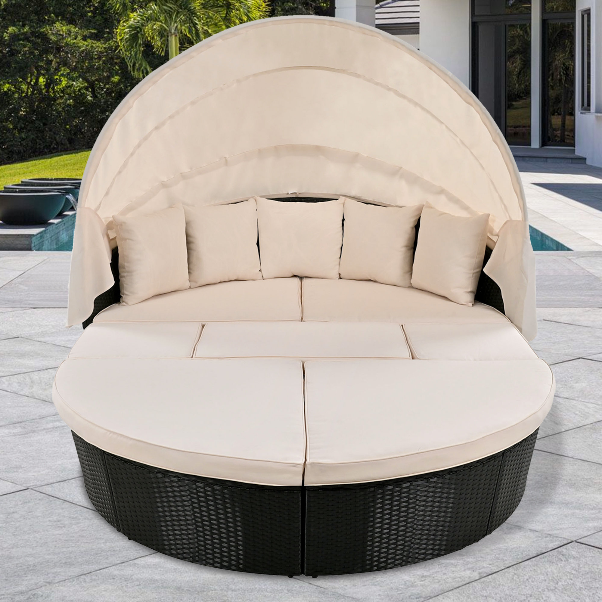 BESTCOSTY Outdoor Beige Rattan Daybed Sunbed With Retractable Canopy ...