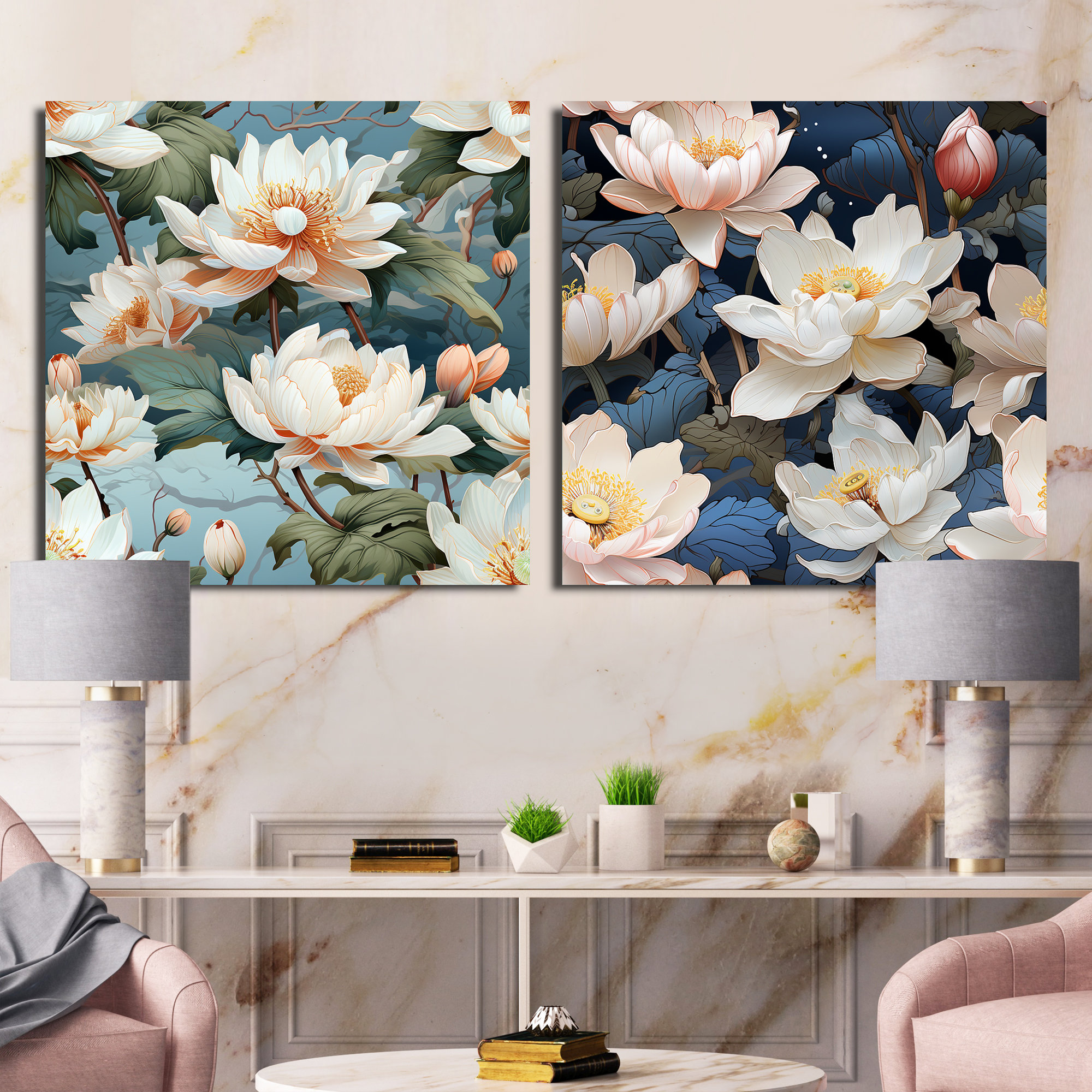 Design Art Lotus Blossom Tranquility - Floral Square Collage Set Of 2 ...