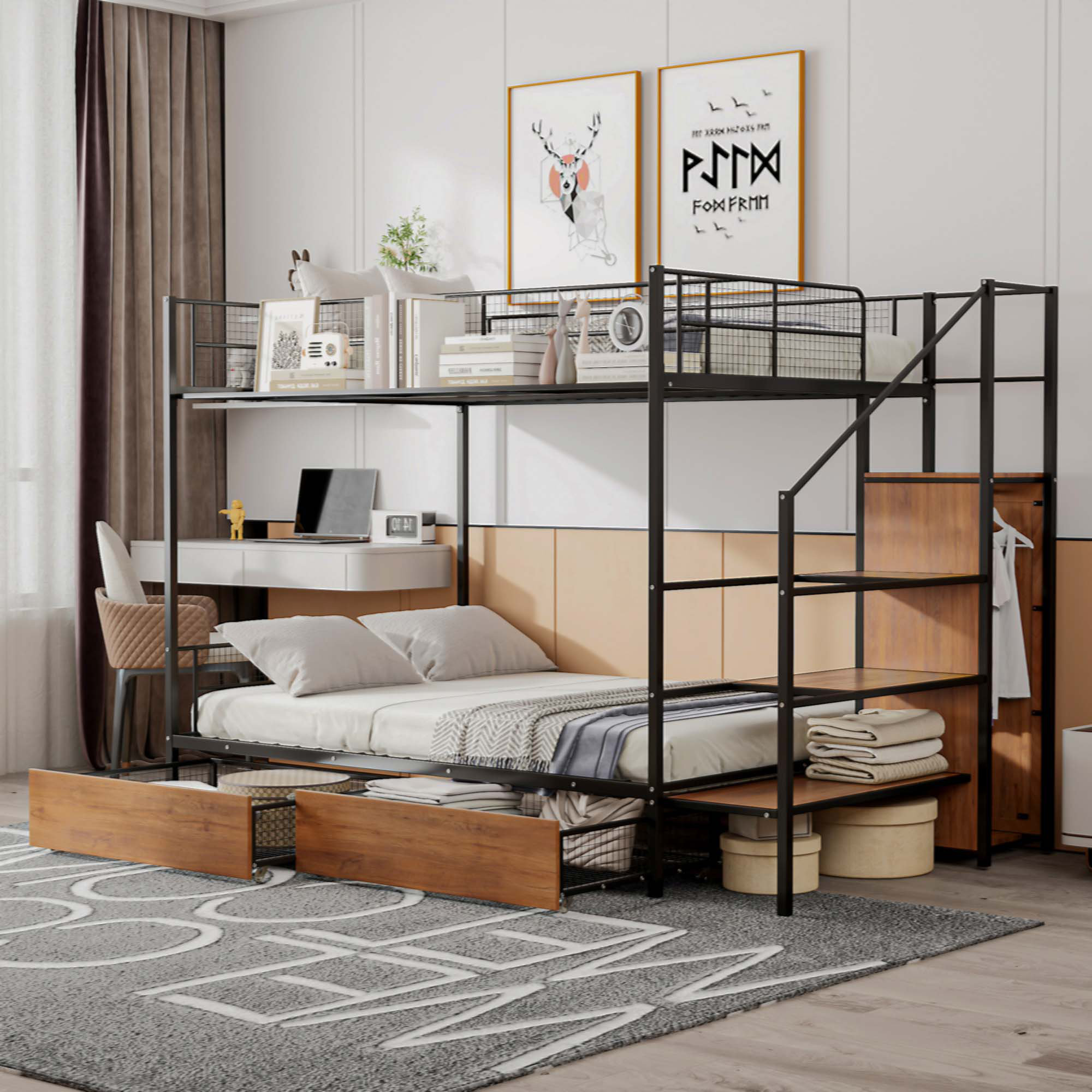 Mason & Marbles Metal Bunk Bed With Drawer And Lateral Storage Ladder ...