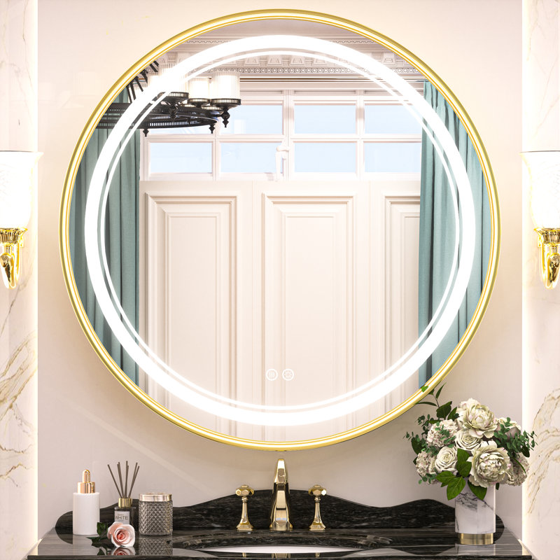 Wrought Studio™ LED Round Vanity Mirror Lighted Metal Wall Mirror ...
