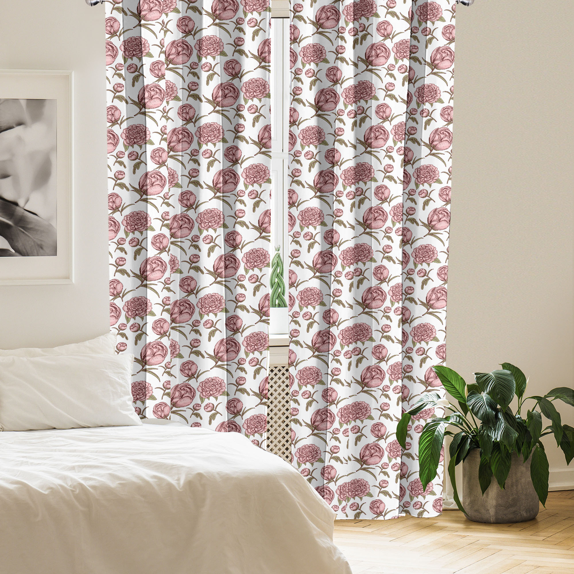East Urban Home Floral 4-Panel Curtains, Sketchy Flowers Plain Back ...