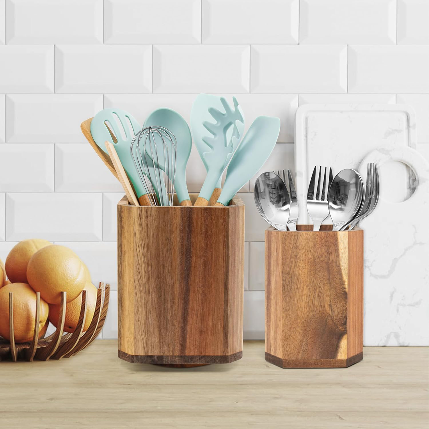HAPPY LIFE Acacia Wood Utensil Holder Set, 360° Rotating Kitchen ...