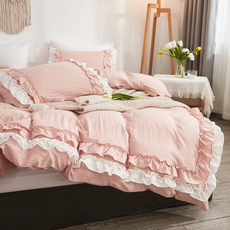 Nayoroom Pink Ruffled Duvet Cover Set Vintage Ruffle Fringe Comforter ...