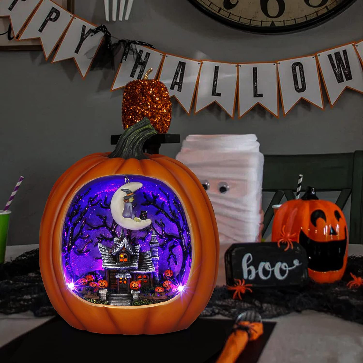 The Holiday Aisle® Halloween Light Up Pumpkin, Giant Resin Haunted House Decor With Witch And ...