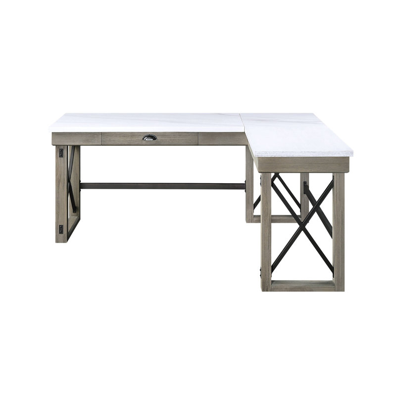 HomeRoots 67" White and Brown Marble L Shape Writing Desk | Wayfair