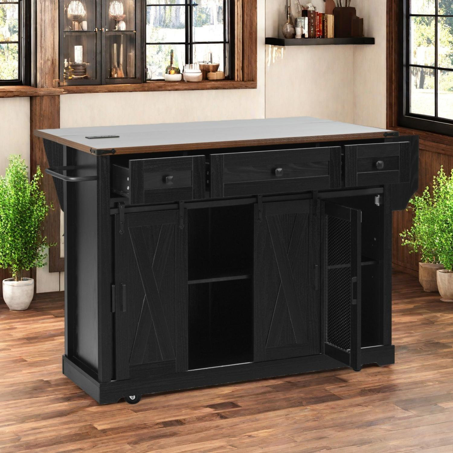 Gracie Oaks Farmhouse Kitchen Island with Storage, Sliding Barn Door ...