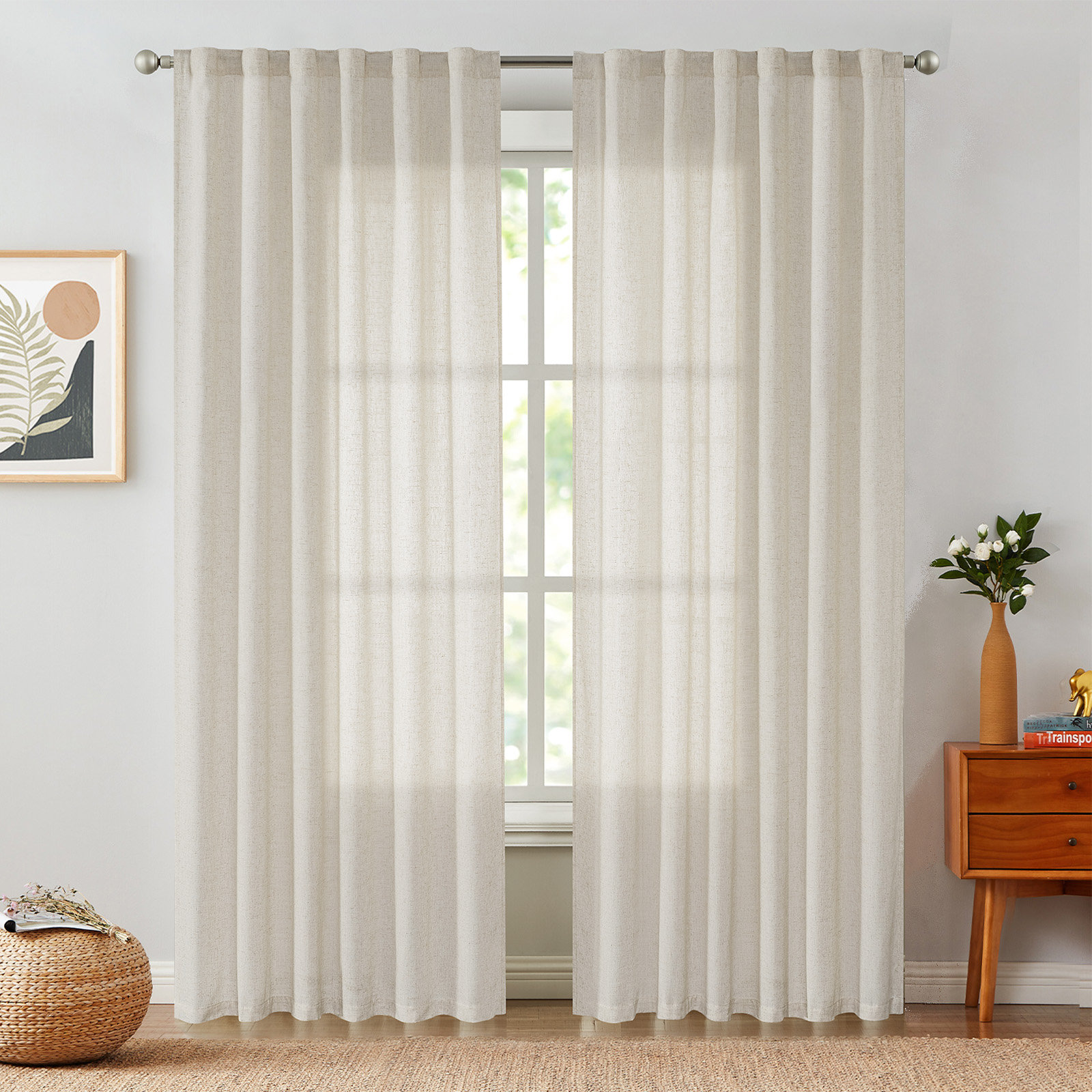 Ebern Designs Linen Blend Farmhouse Back Tab Light Filtering Curtains ...