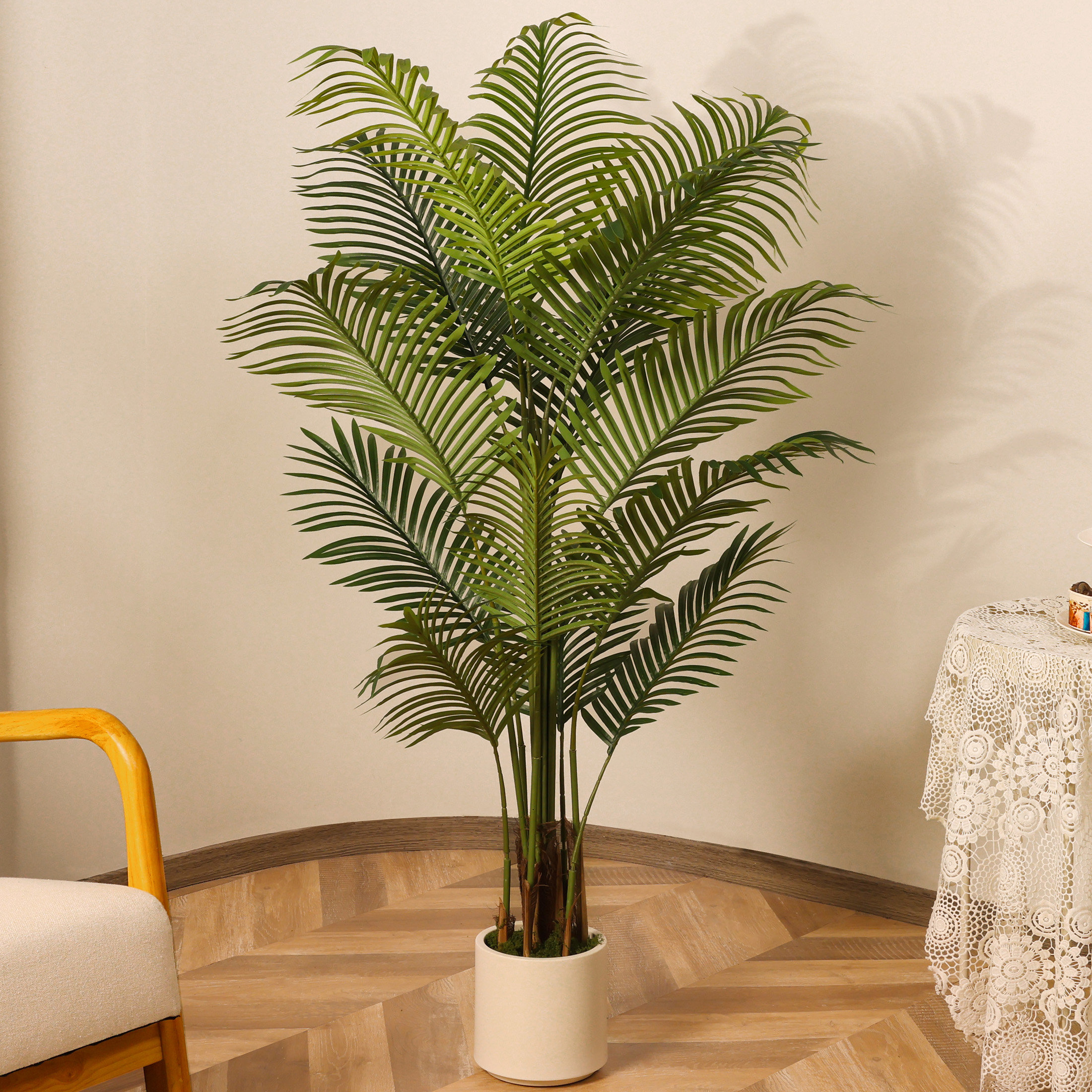 Primrue Albee Faux Palm Tree in White Planter, Faux Green Palm Plant ...
