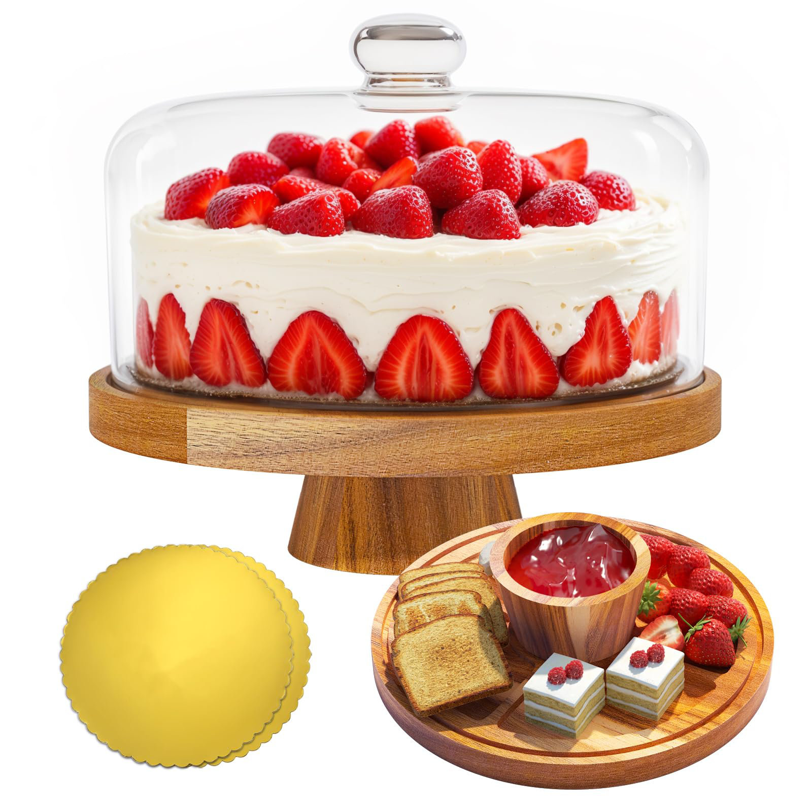 The Party Aisle™ Glass Cake Stand With Dome Lid - 12" Acacia Wood Cake ...