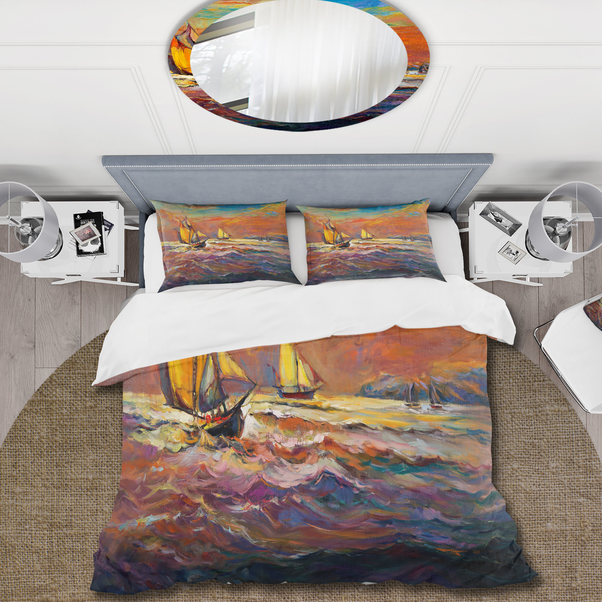 Design Art Sail ships On The Ocean Waves During Orange Sunset ...