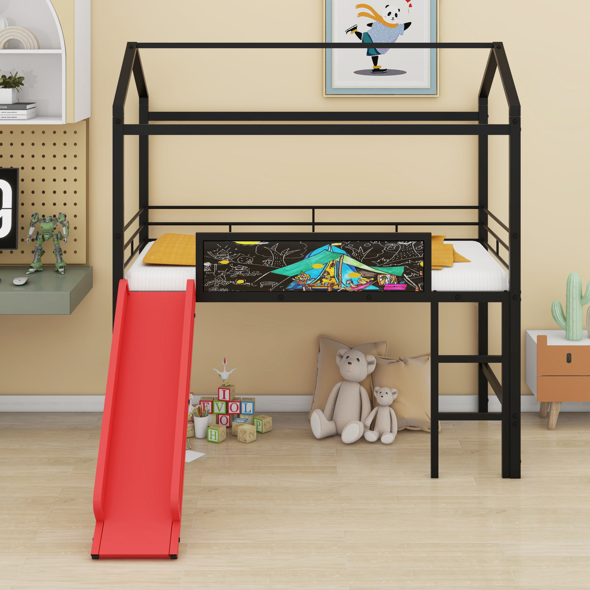 Wrought Studio™ Metal Loft Bed With Slide,Writable Wooden Board | Wayfair