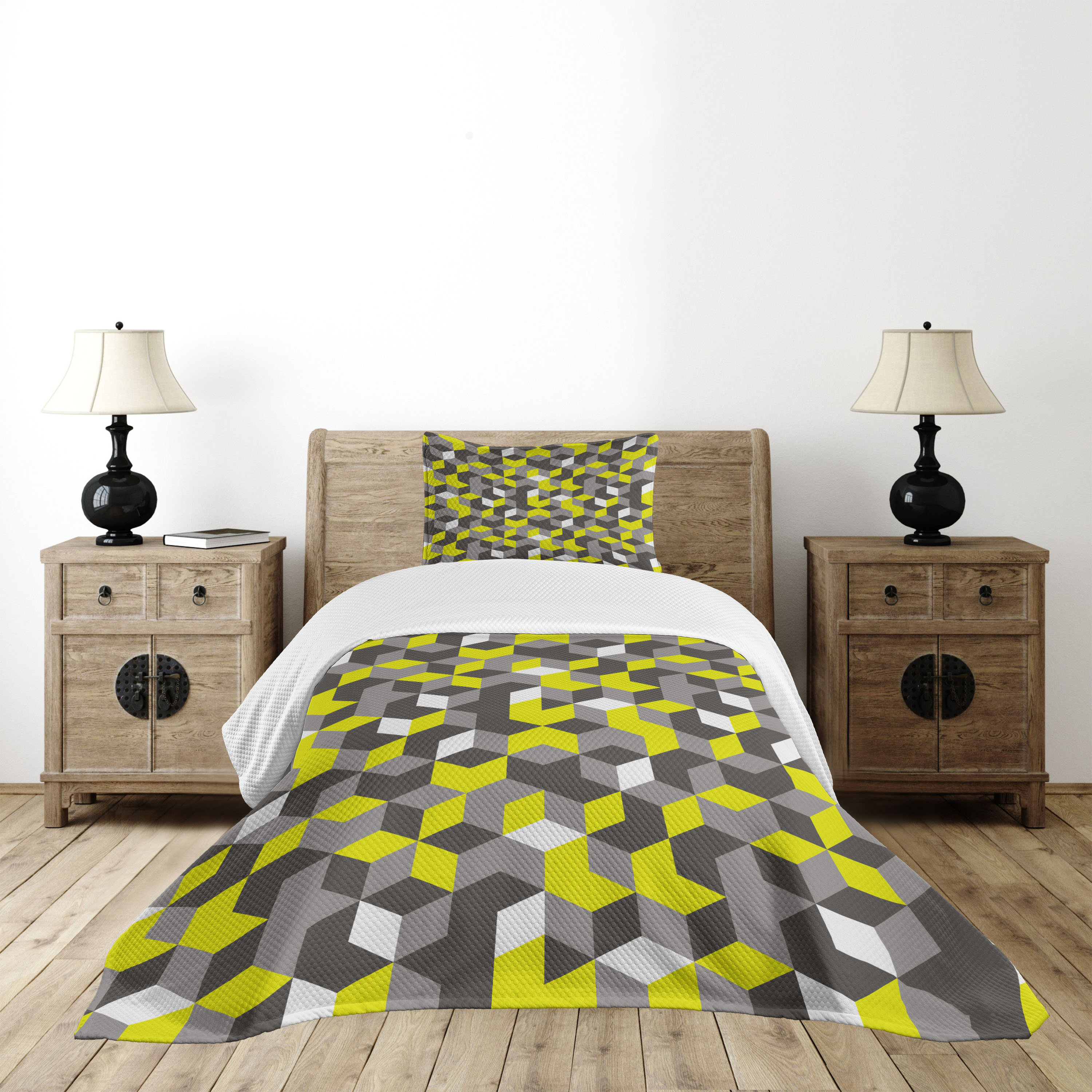 Ambesonne Mustard Yellow Bedspread Set Modern Box Cubes Mustard Yellow ...
