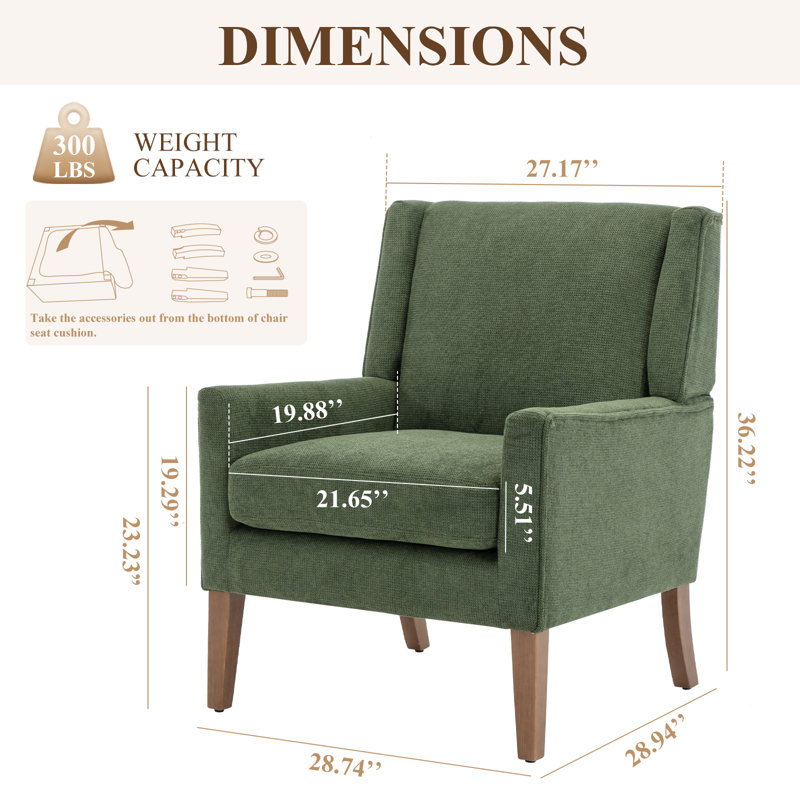 Inbox Zero Leston Wide Upholstered Fabric Accent Armchair with Solid ...