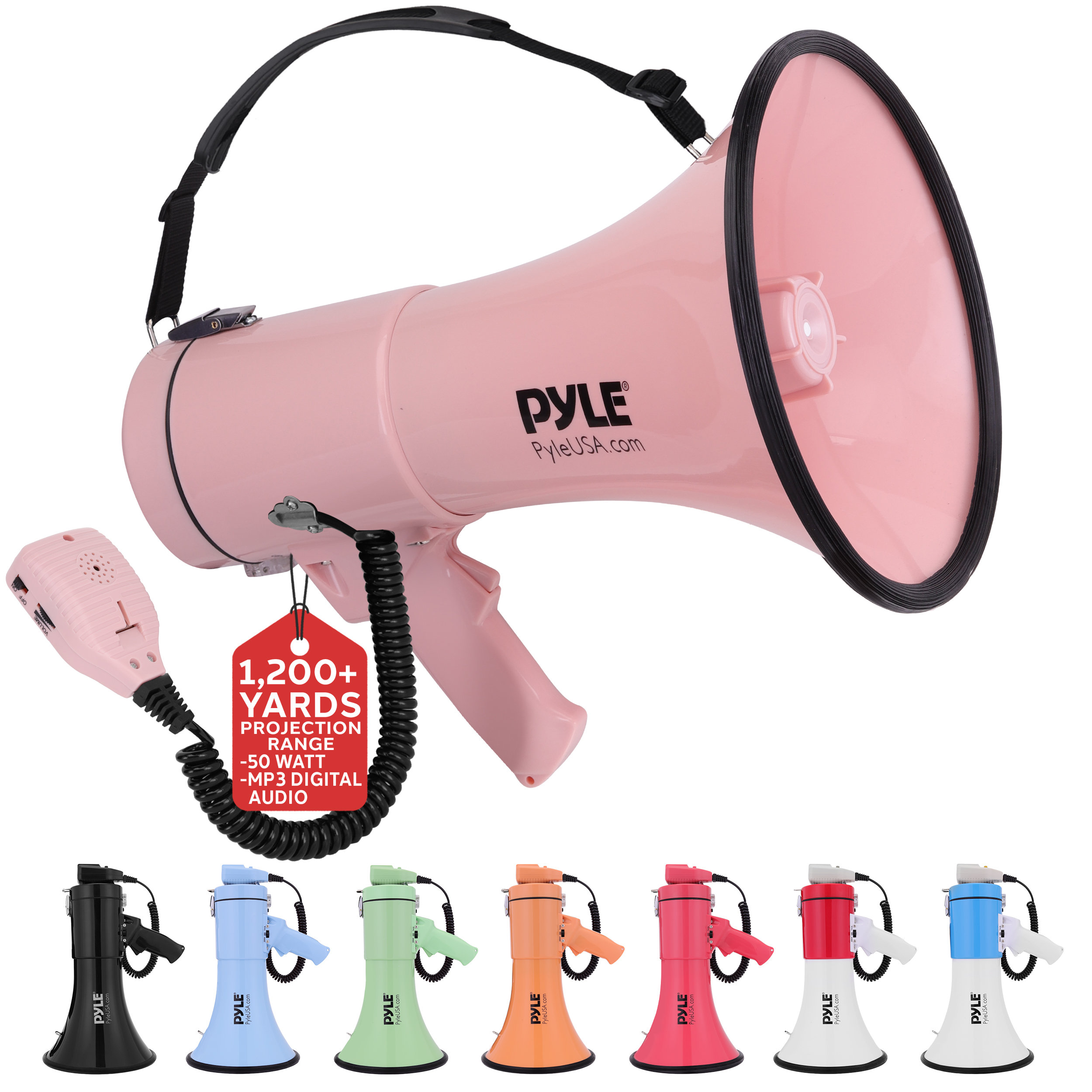 Pyle 50W Megaphone Bullhorn - Portable, Automatic Siren & Adjustable ...