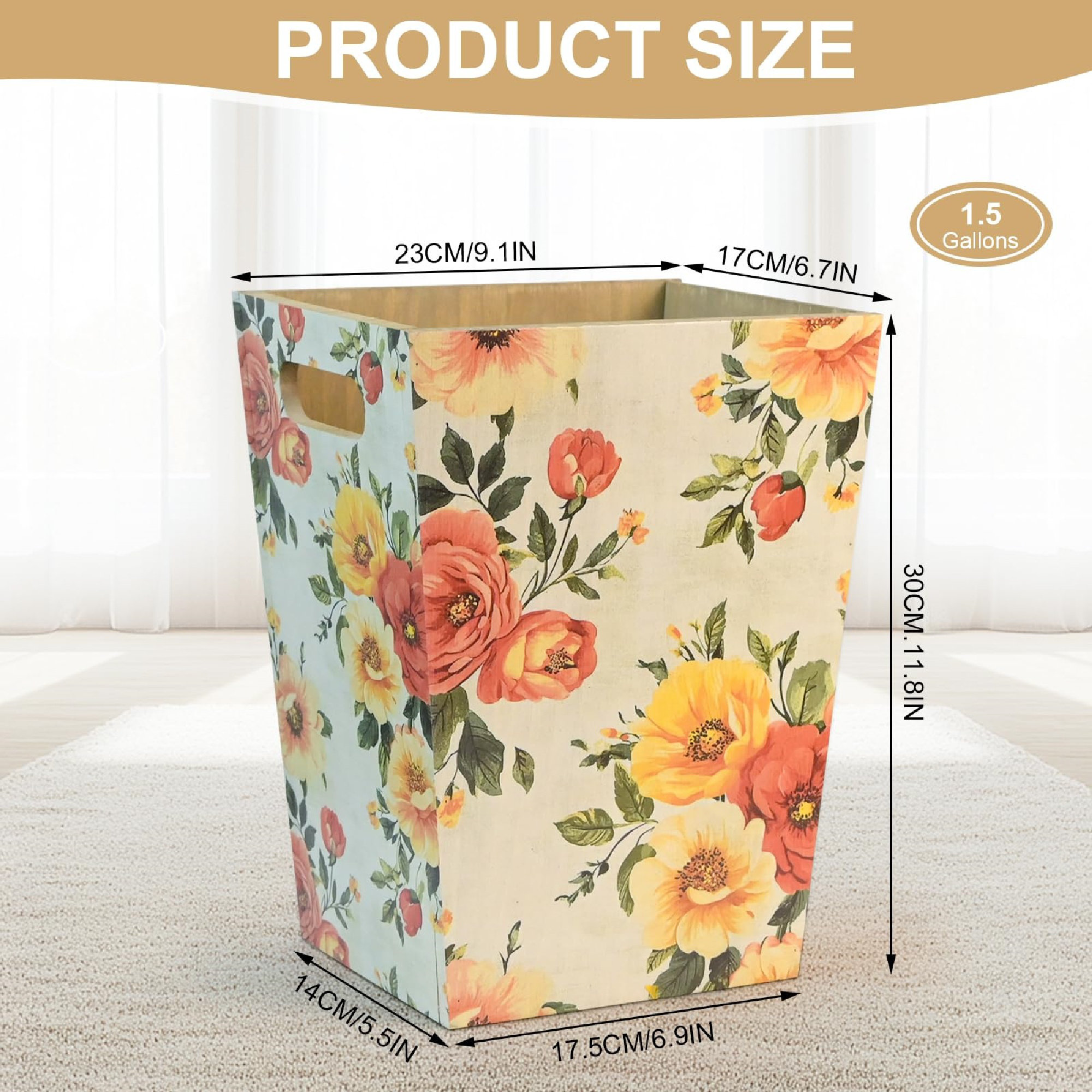 INTEGATOIC LLC Floral Carved Wood Waste Bin With Dual Handles - Rustic ...