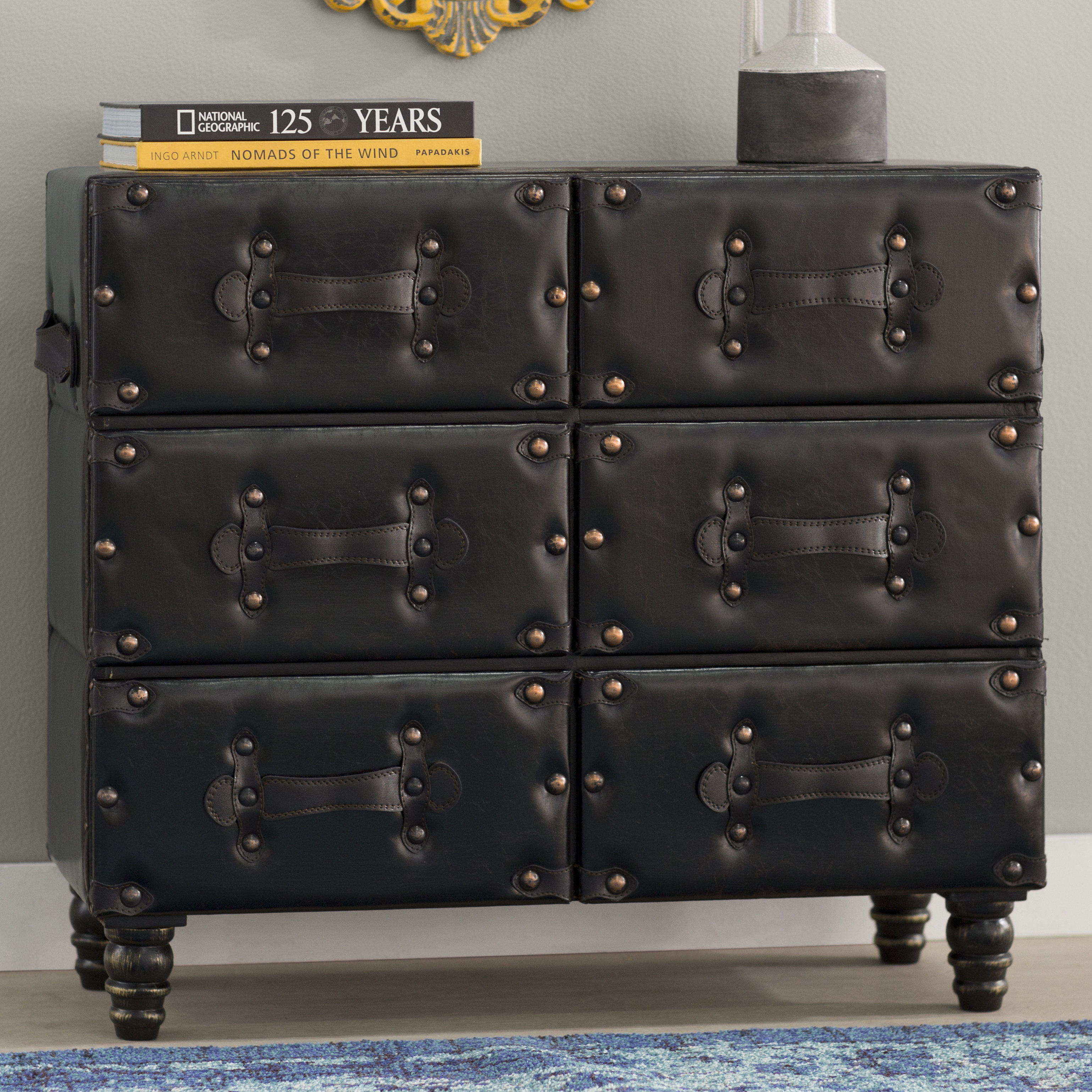 Steelside™ Isabel Black Wood Vintage Faux Leather Room Chest with ...