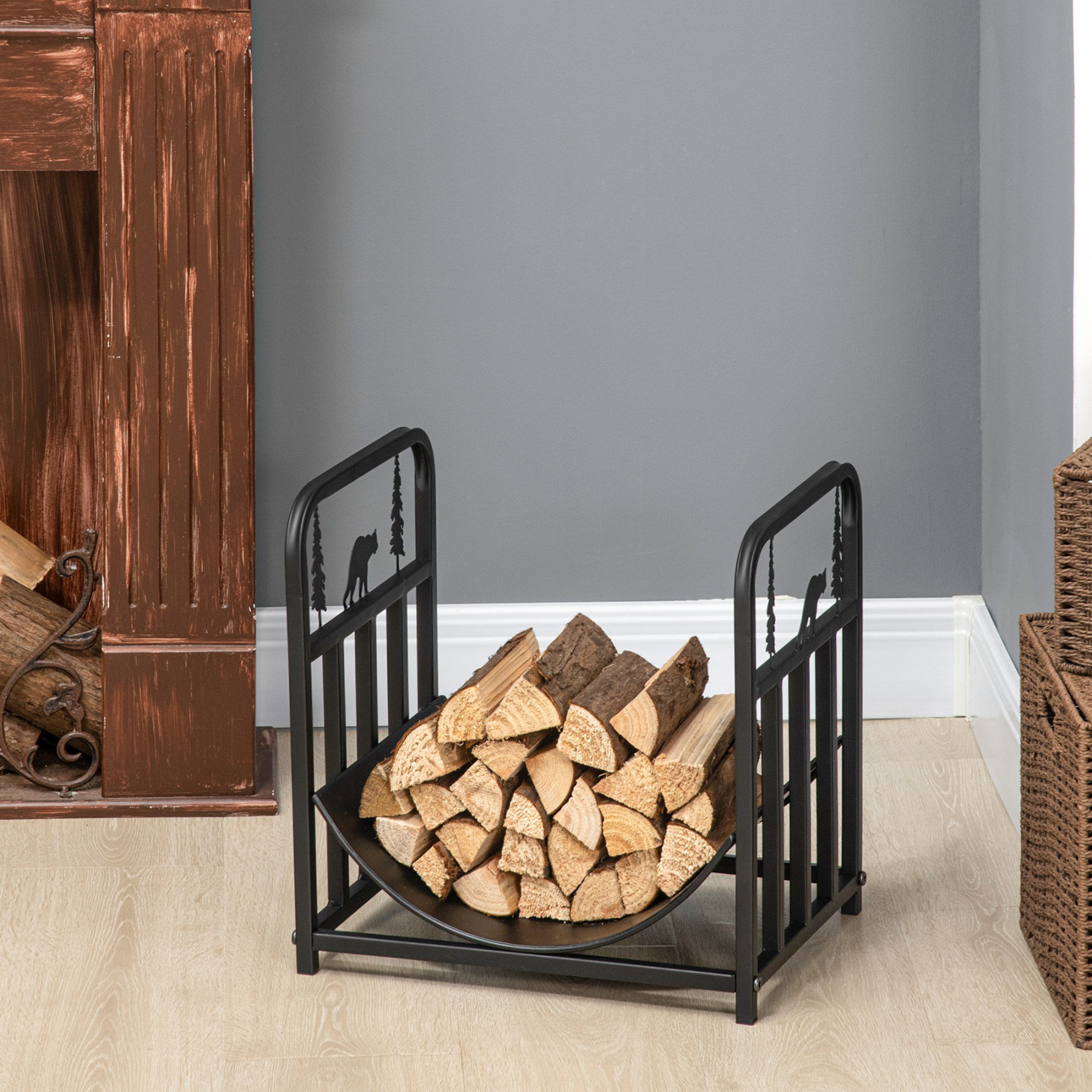Loon Peak Firewood Rack with Fireplace Tools, Indoor Outdoor Firewood ...