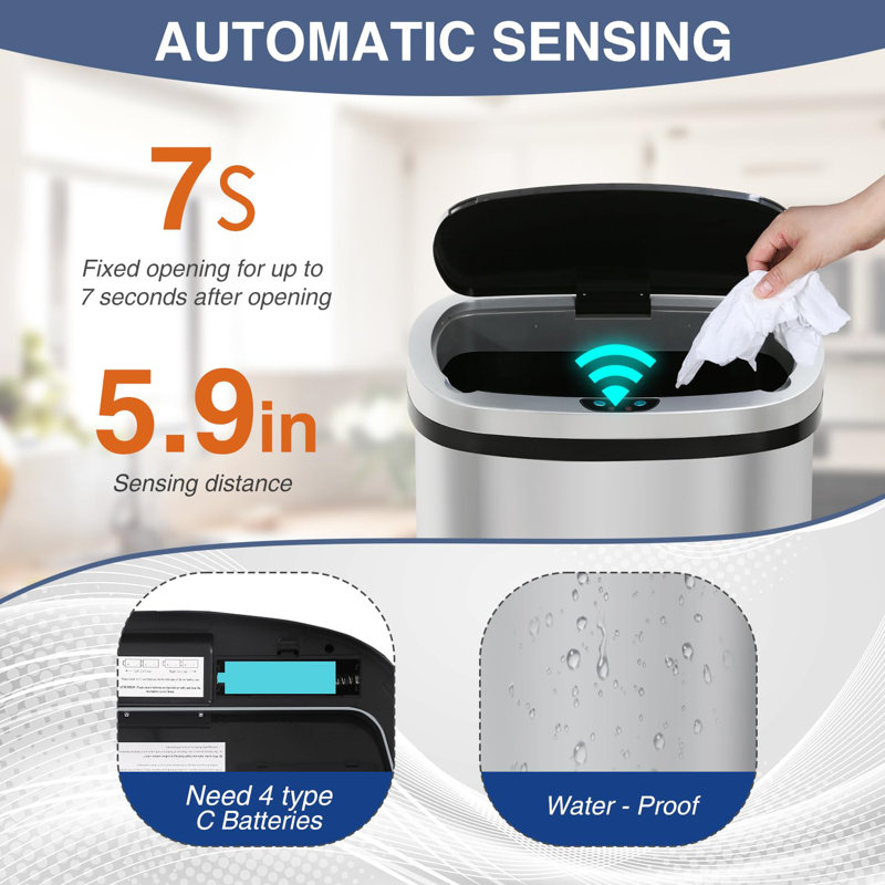 NEWERA 13 Gallon Stainless Steel Trash Can Automatic Touchless Lid with ...