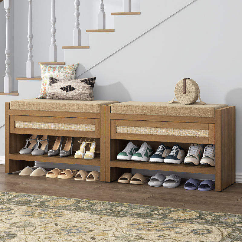 Gracie Oaks Boho Rattan Shoe Bench With Storage Drawer and Upholstered ...