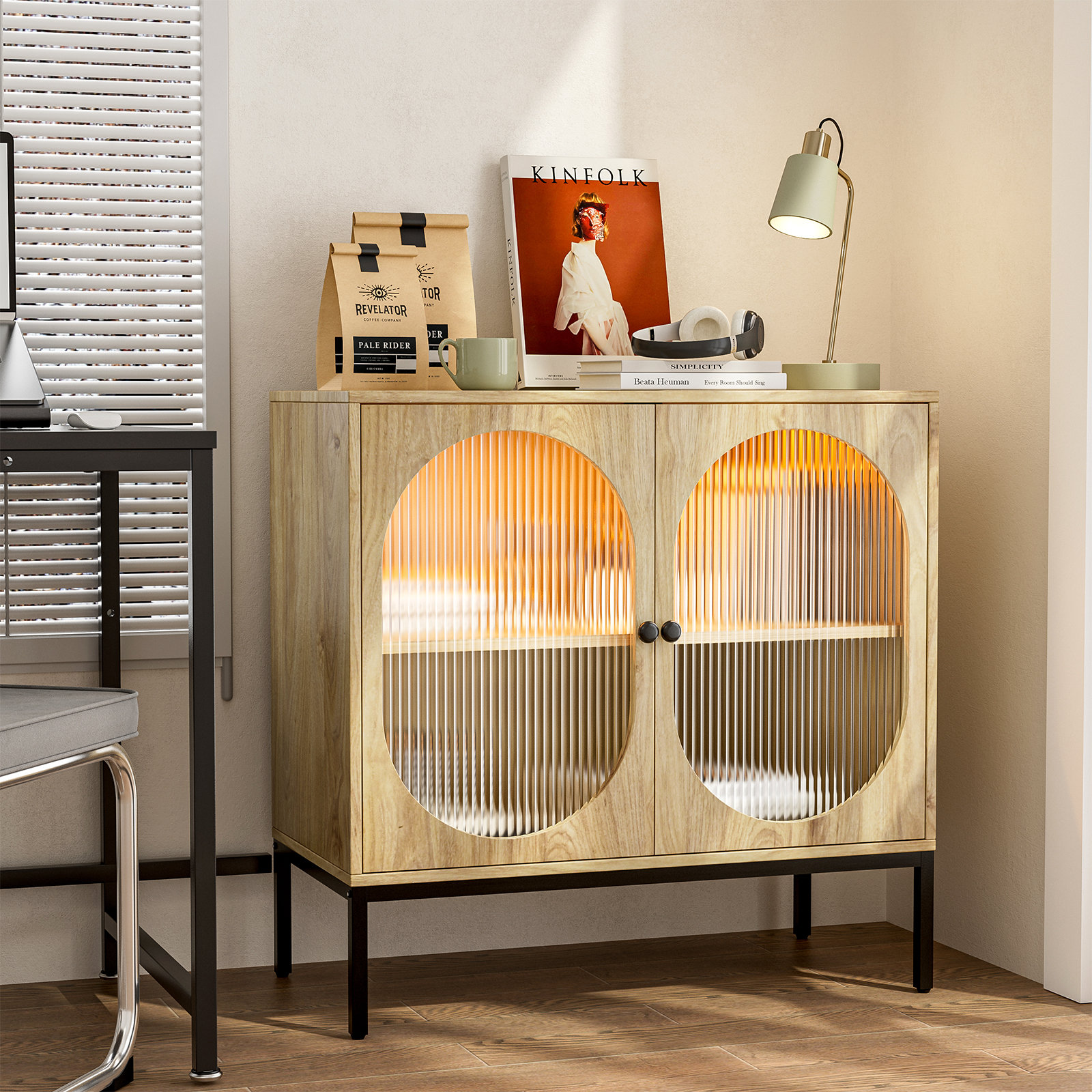 Wrought Studio™ Didula Modern Glass Storage Cabinet, Sideboard Buffet Cabinet with LED Lights ...