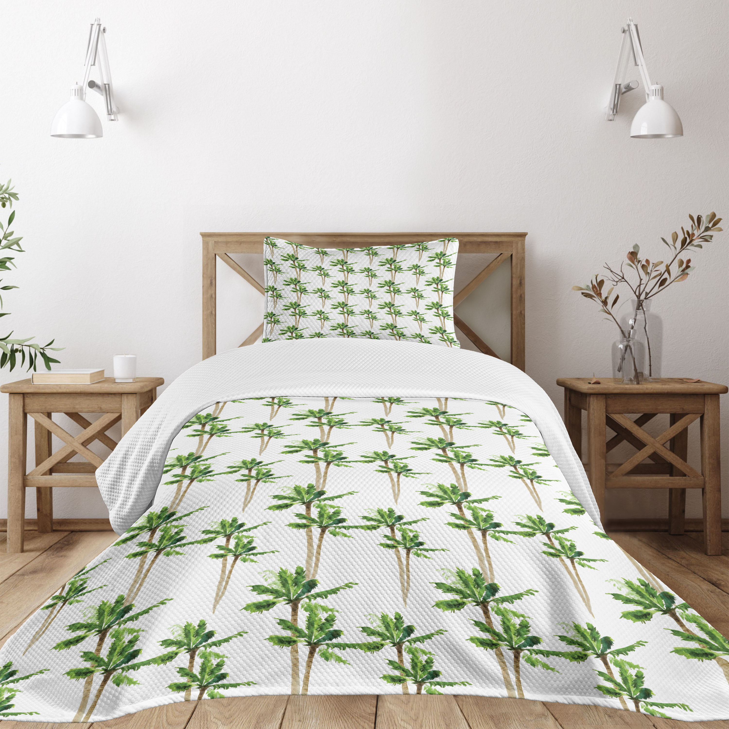 Ambesonne Palm Tree Bedspread Set Forest in Watercolors Green Cocoa and ...