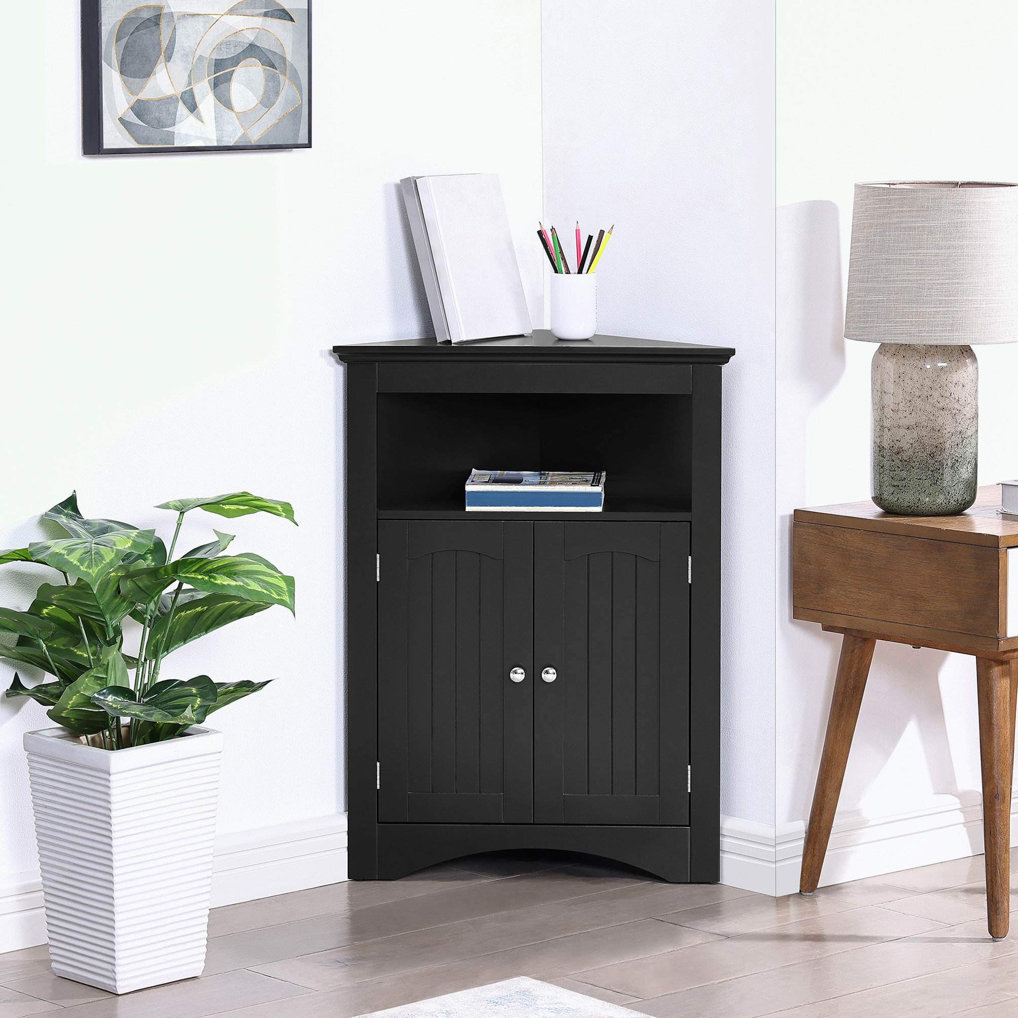 Ebern Designs Floor Corner Cabinet with Doors and Shelves | Wayfair