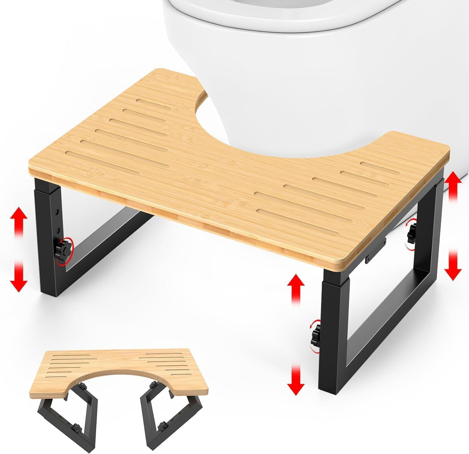 ACTIVE DOOR & WINDOW Bamboo Toilet Stool Foldable, Adjustable Non-Slip ...