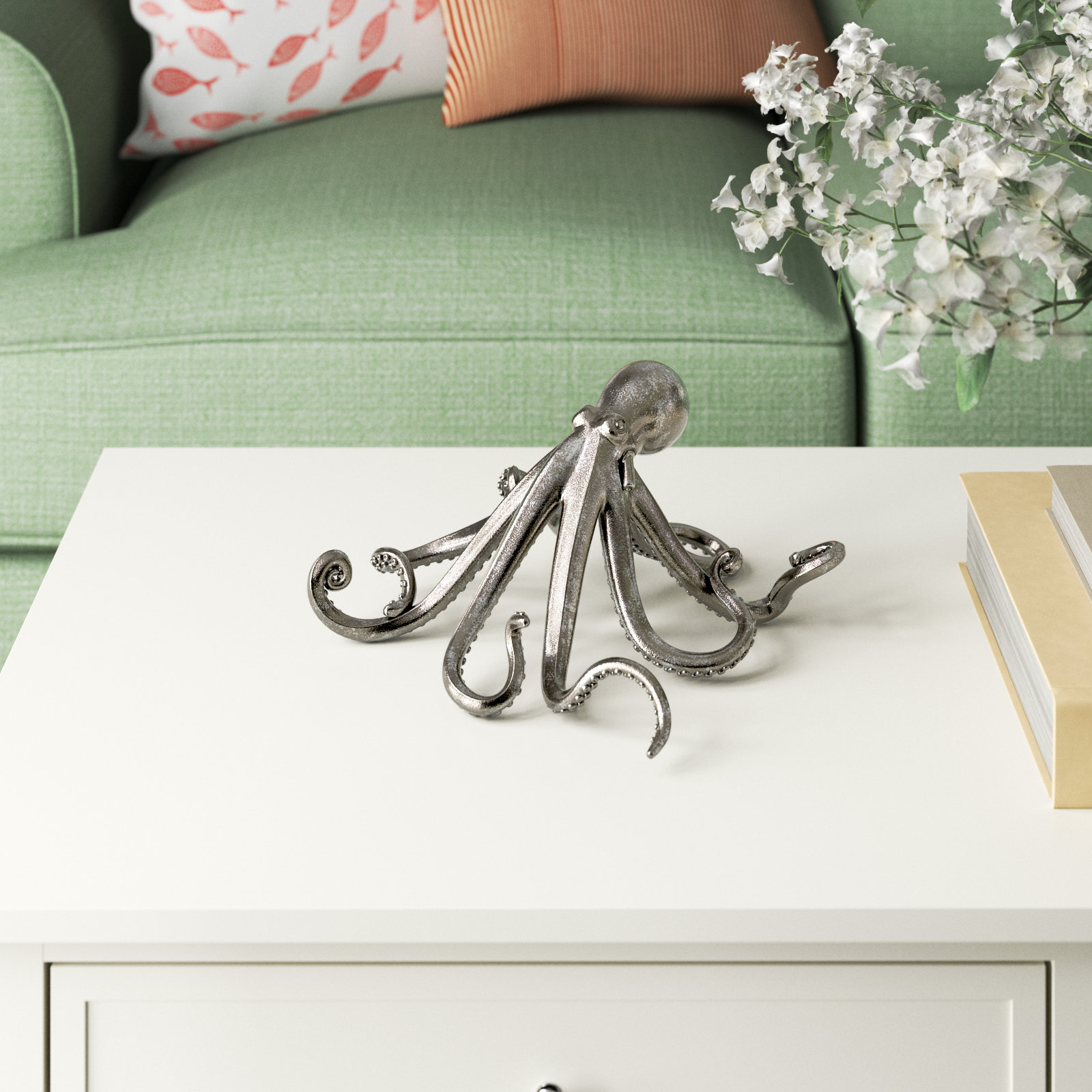 Beachcrest Home Louvenia 12" Antiqued Silver Resin Octopus Tabletop ...
