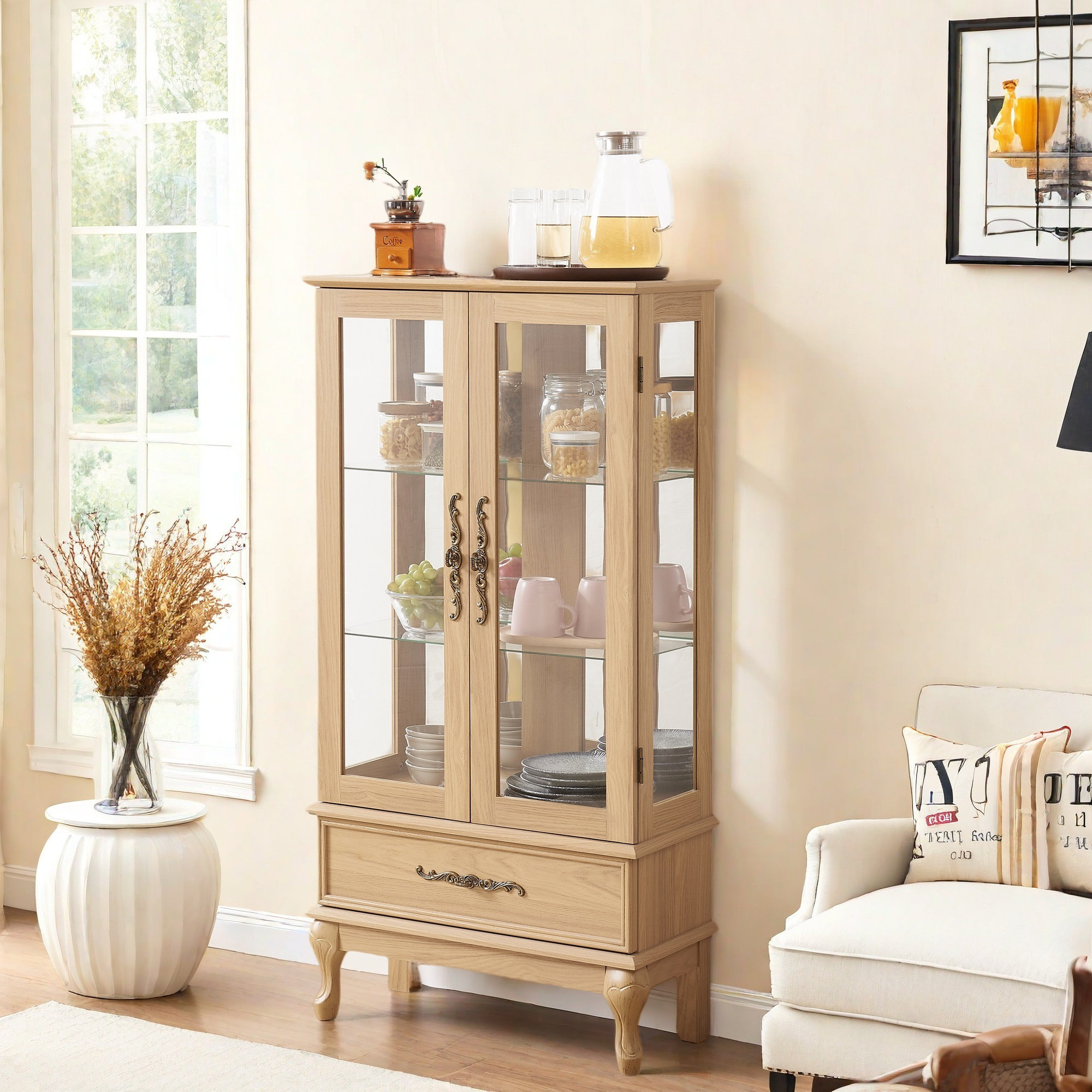 Charlton Home Display Glass Cabinet With Adjustable Shelves, 2 Doors, 1 ...