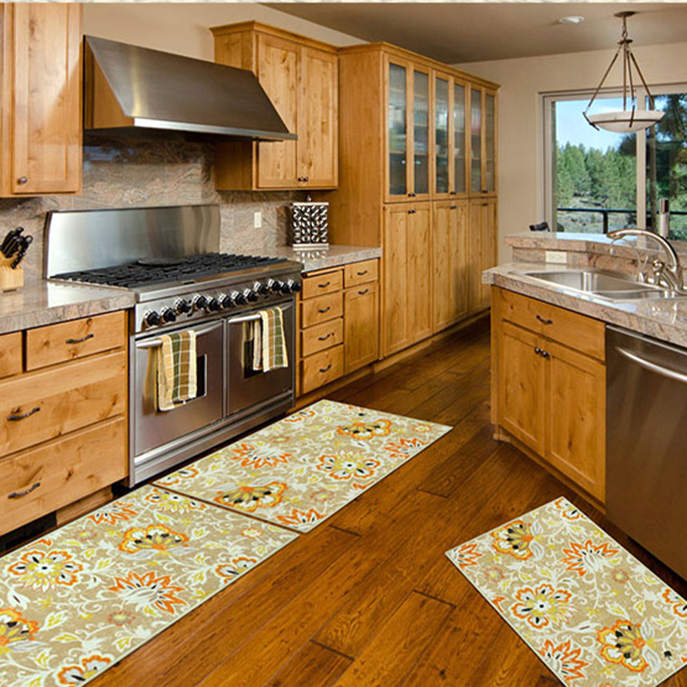 Winston Porter Boho Floral Kitchen Rugs,Washable Floor Mats,Light Tan 3 ...