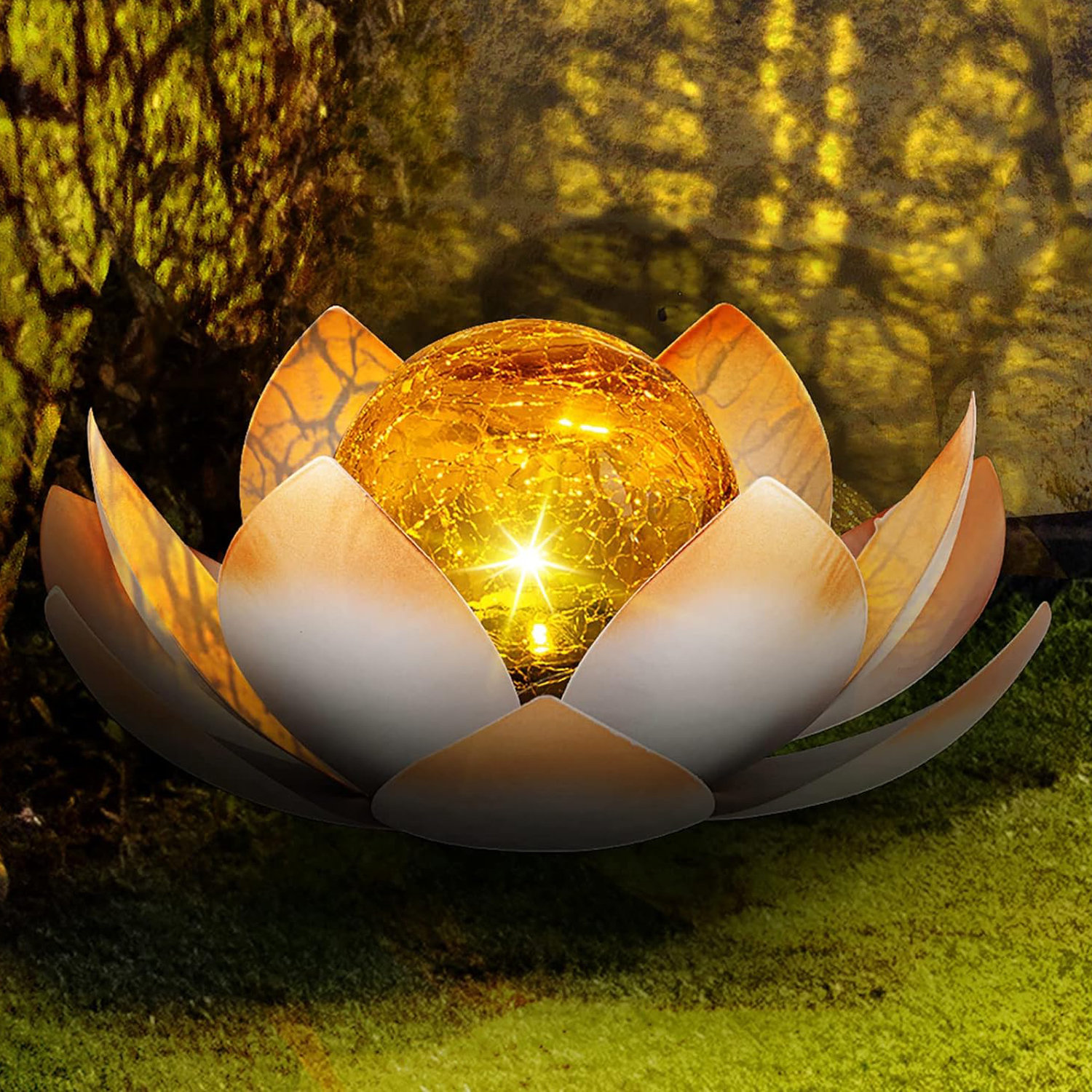 Ivy Bronx Solar Lights Outdoor Garden, Crackle Globe Glass Lotus ...