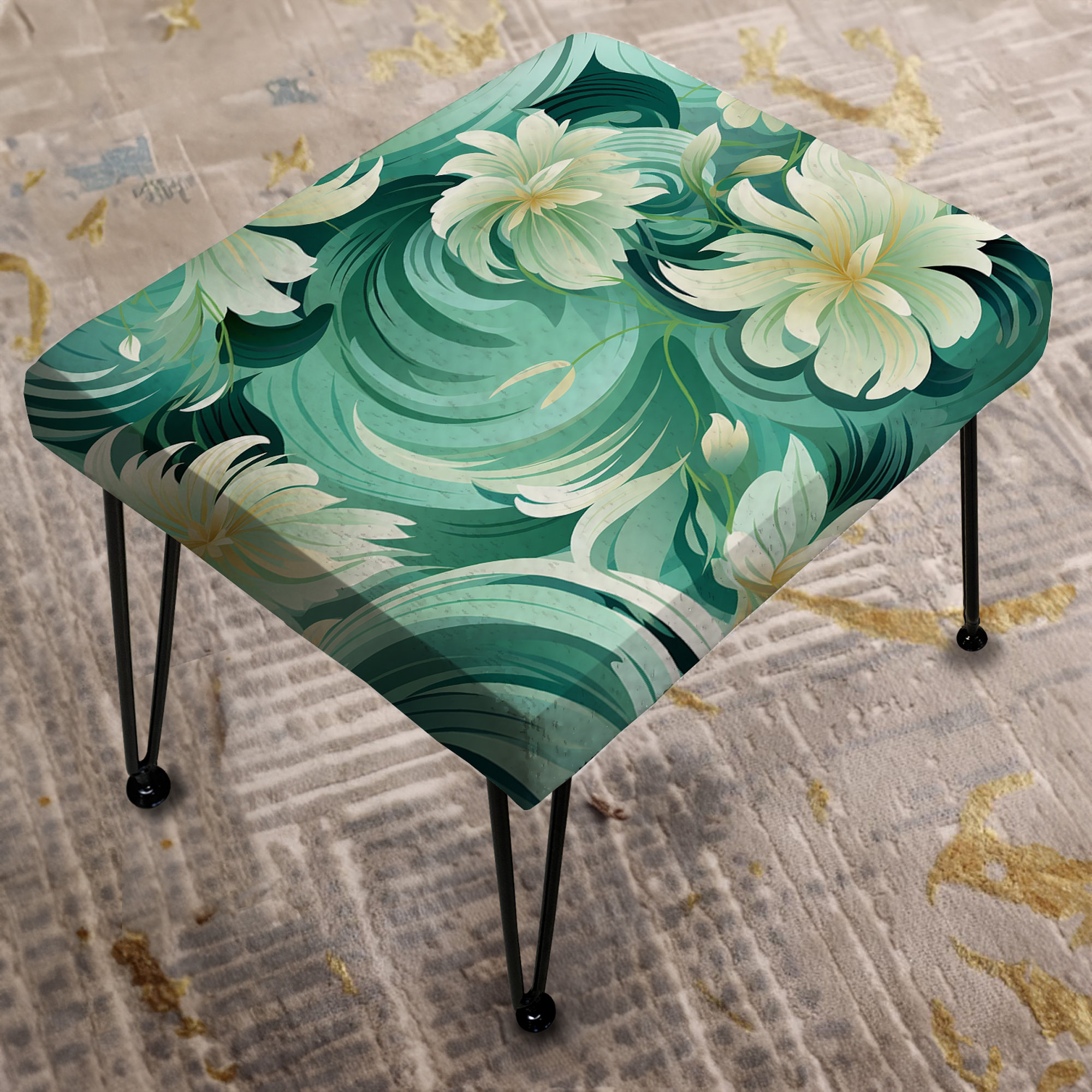 Design Art Green Mint Seamless Waves - Floral Rectangle Ottoman | Wayfair