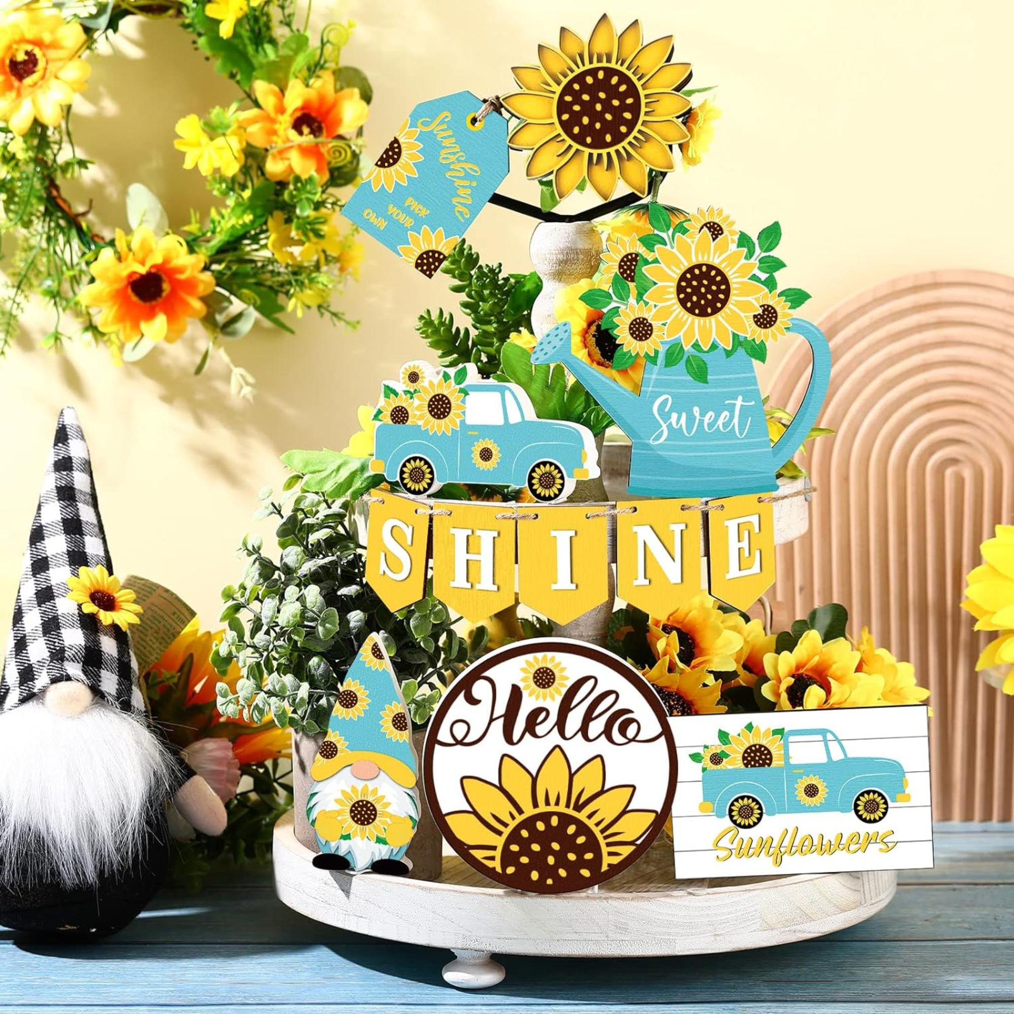 Rosalind Wheeler Cebollero 12 Pcs Sunflower Tiered Tray Decor Wooden ...