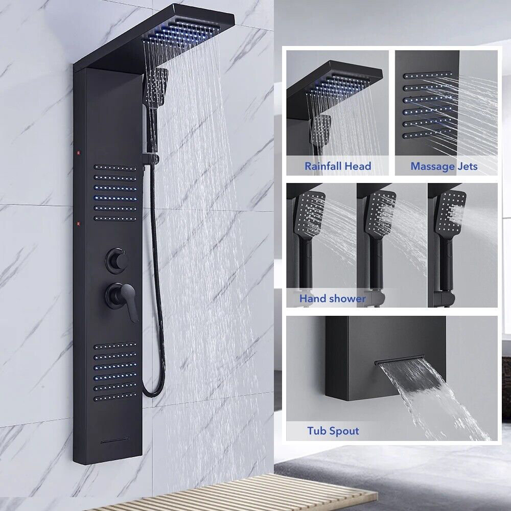 Nabiyy Black LED Shower Panel Tower System Rainfall Head Massage Shower ...