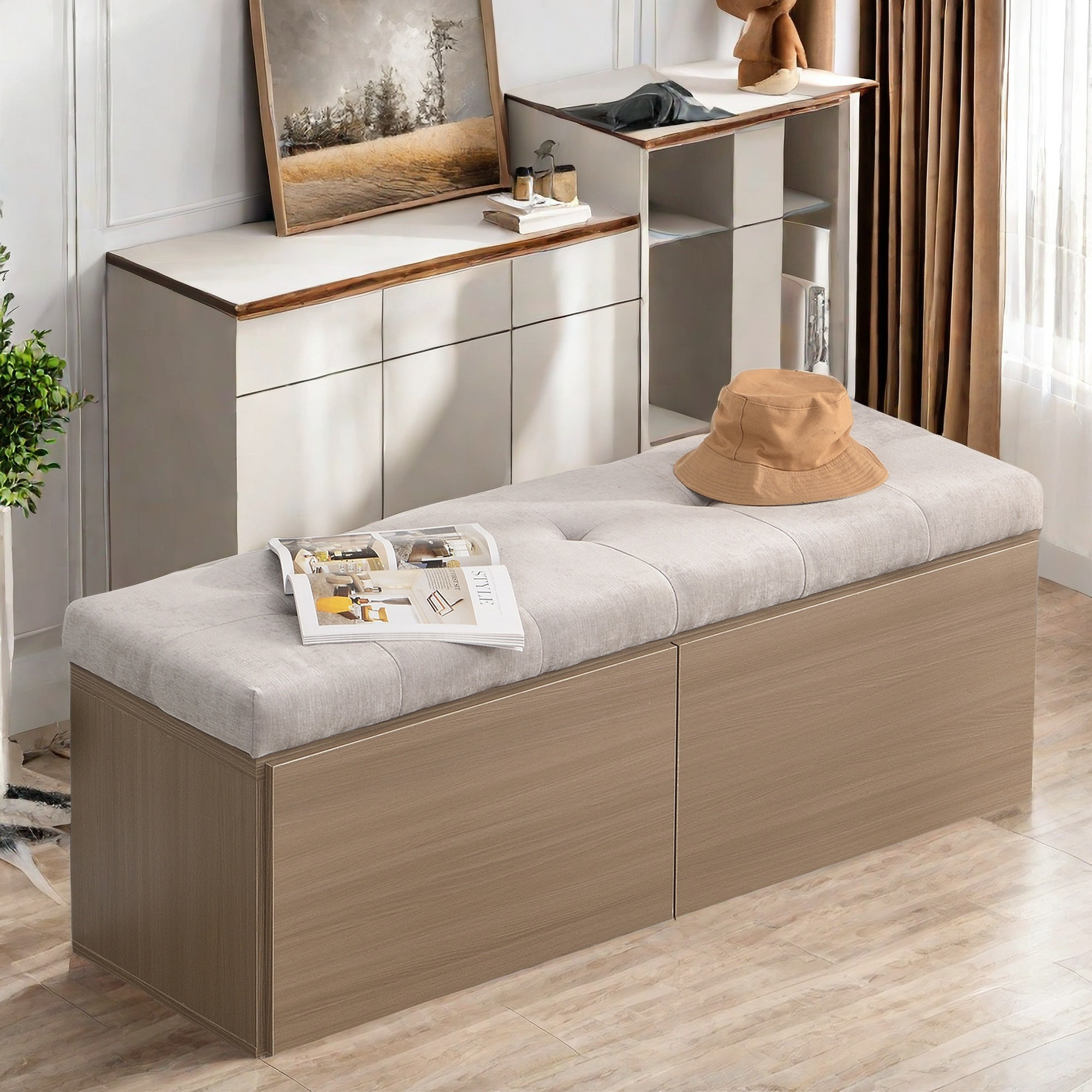Hokku Designs Shoe Storage Bench With Padded Seat Cushion, Double Doors ...