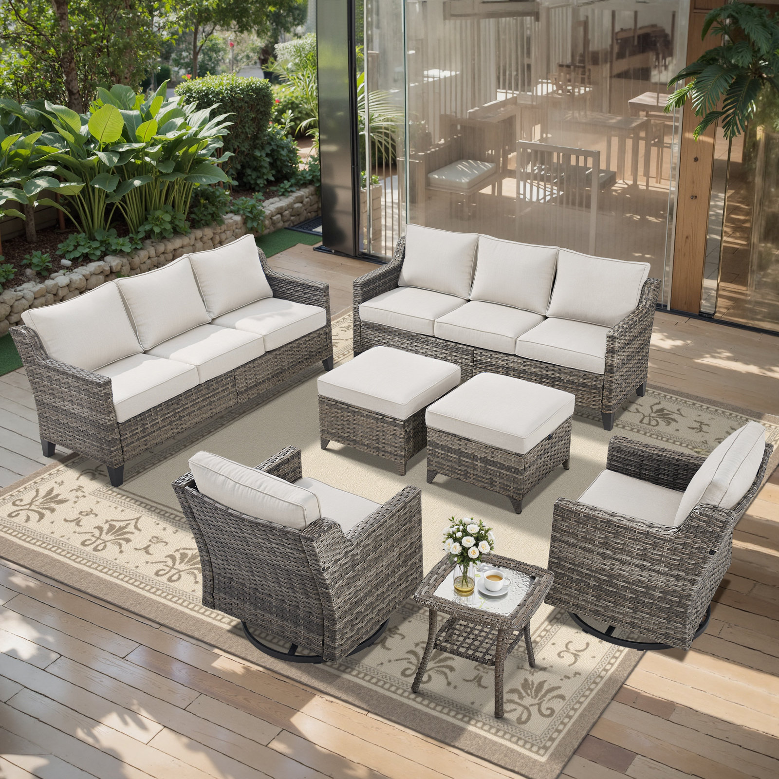 Dovecove 7-Piece Outdoor Wicker Patio Conversation Set With Swivel ...