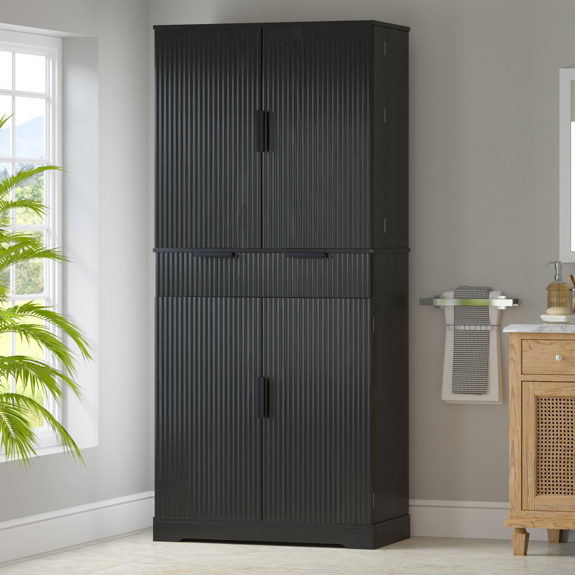 Winston Porter 72" Fluted Kitchen Pantry Cabinet with 3 Keyboard ...